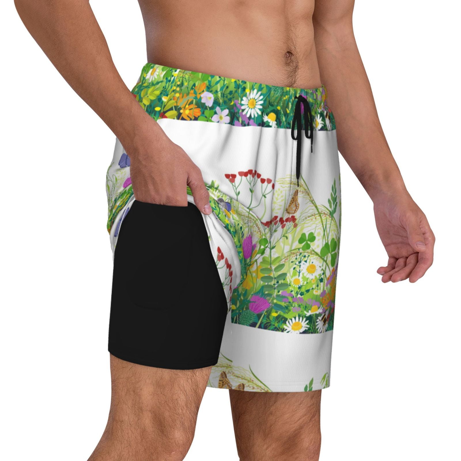 Uemuo Plants and Insects Pattern Mens Swim Trunks Quick Dry Board ...