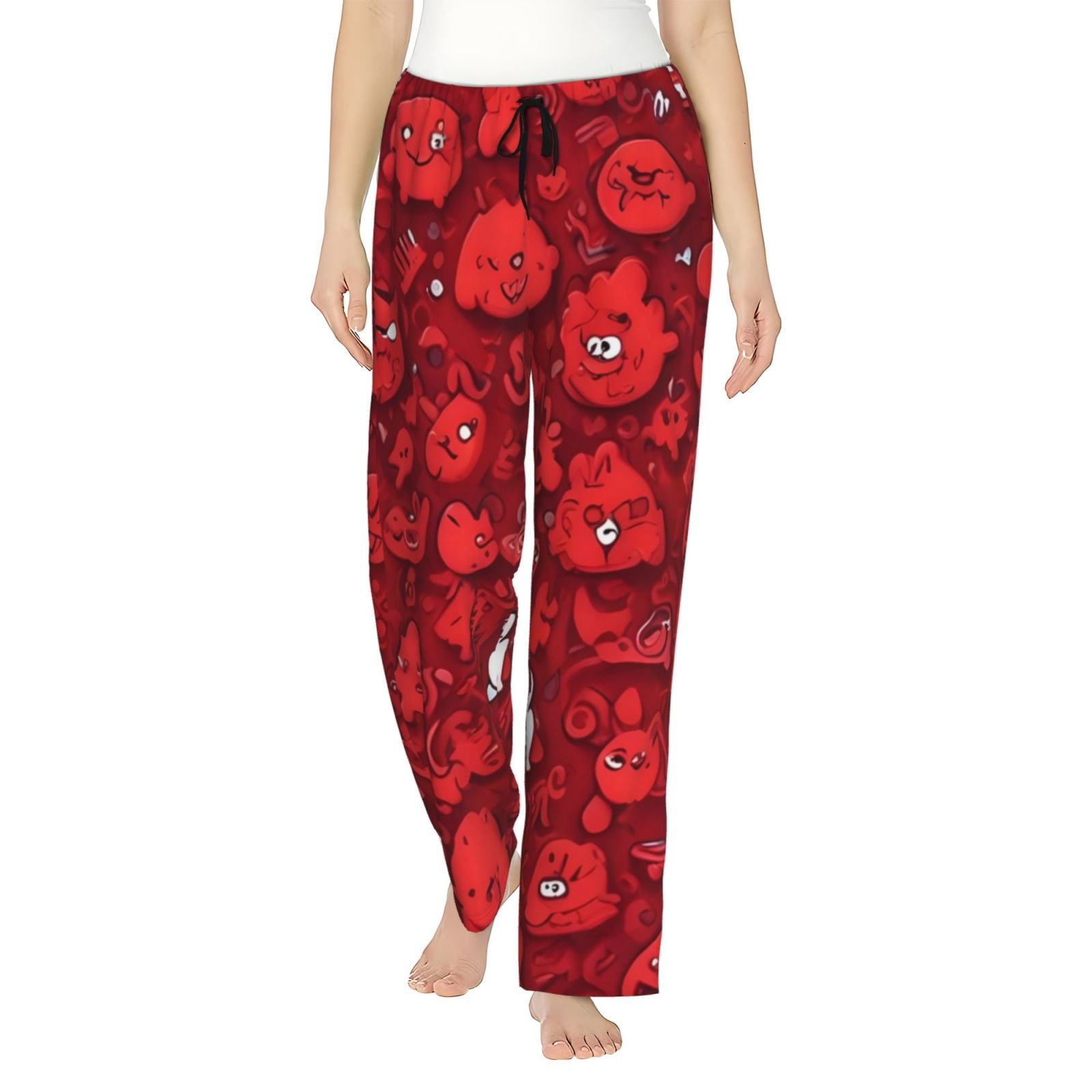 Uemuo Playful Red Cartoon Faces Pattern Women's Wide Leg Palazzo Lounge ...