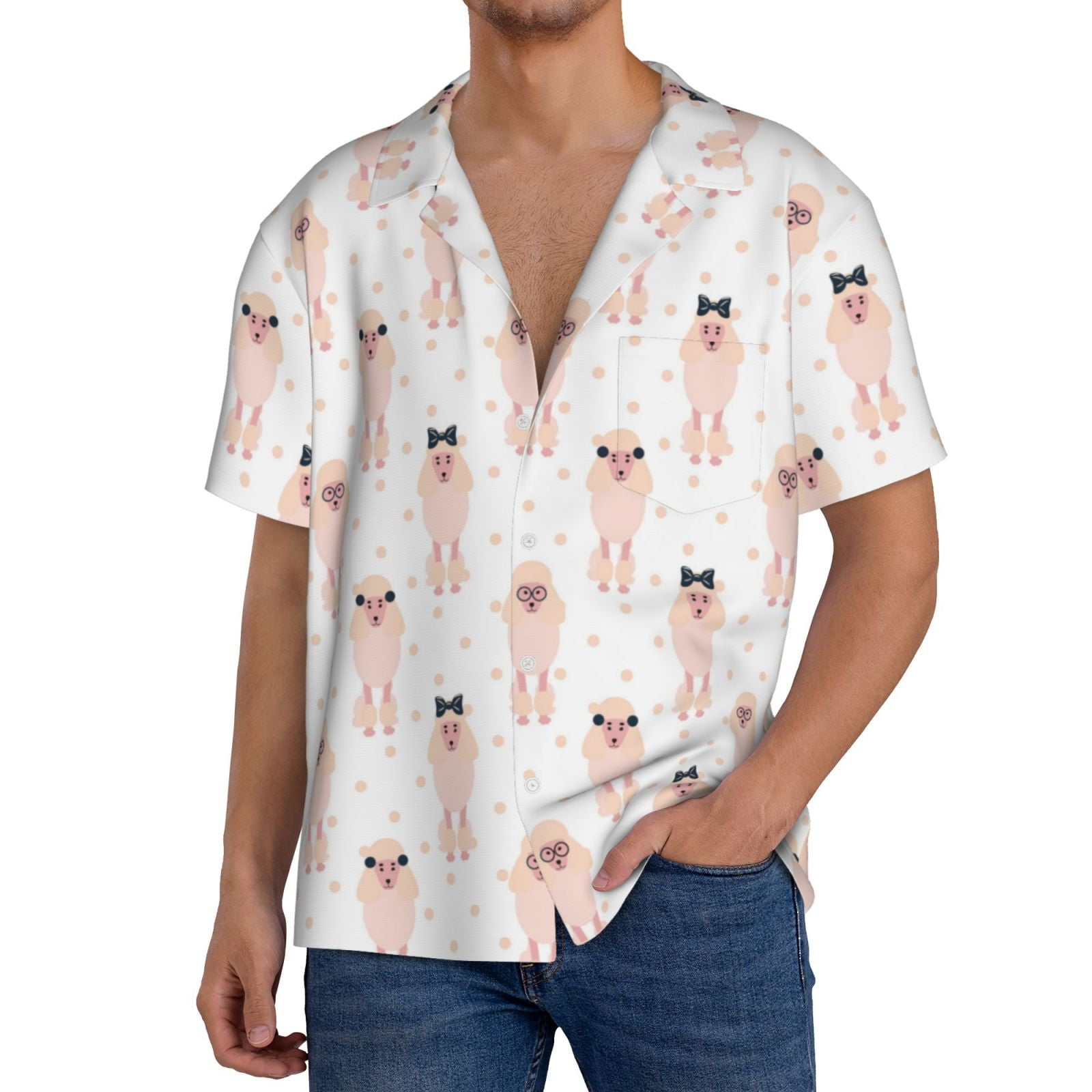Uemuo Poodle Dog Pattern Cotton Linen Short Sleeve Shirts,Casual ...