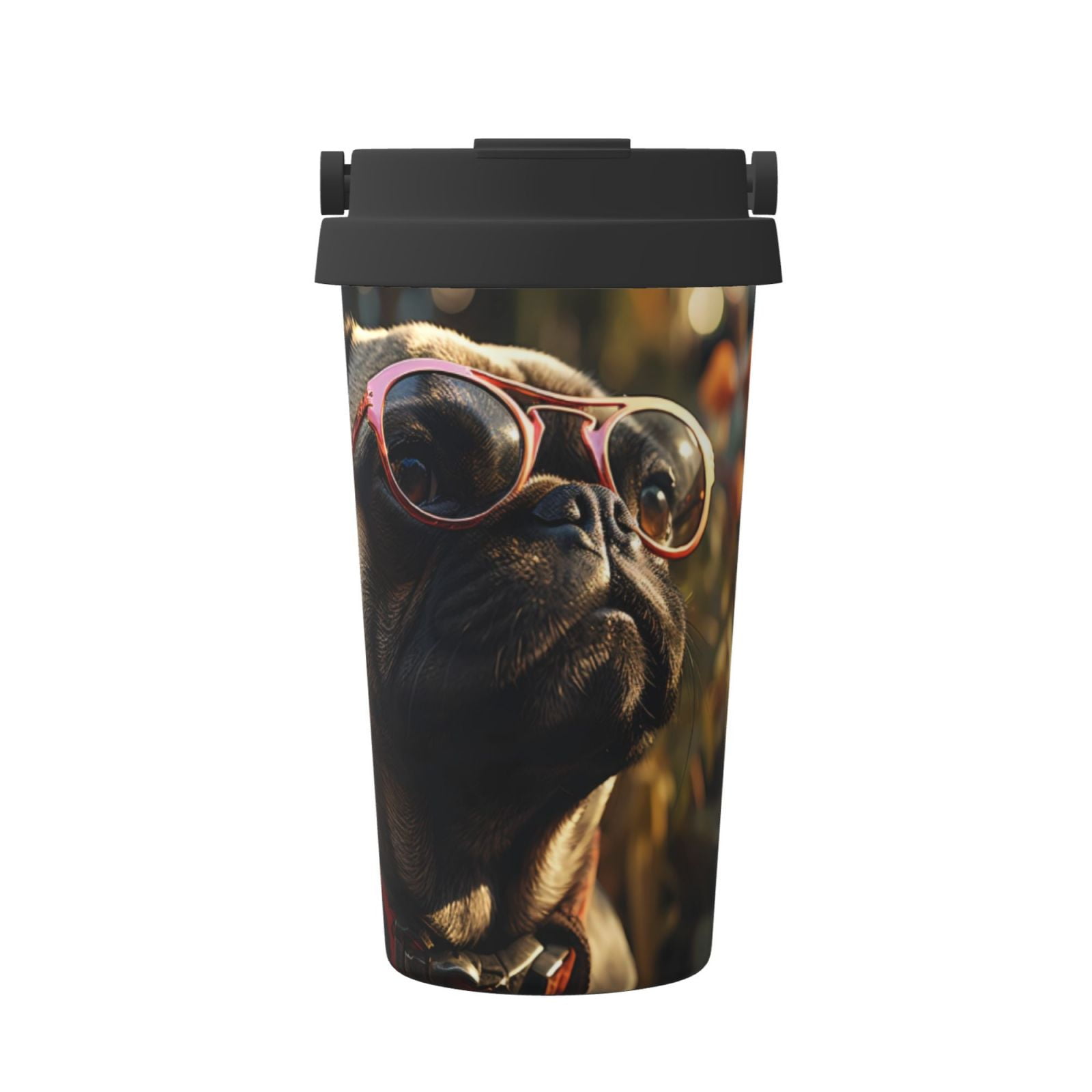 Uemuo Pug Wearing Sunglasses Flowers Print Carry Insulated Coffee Mug ...