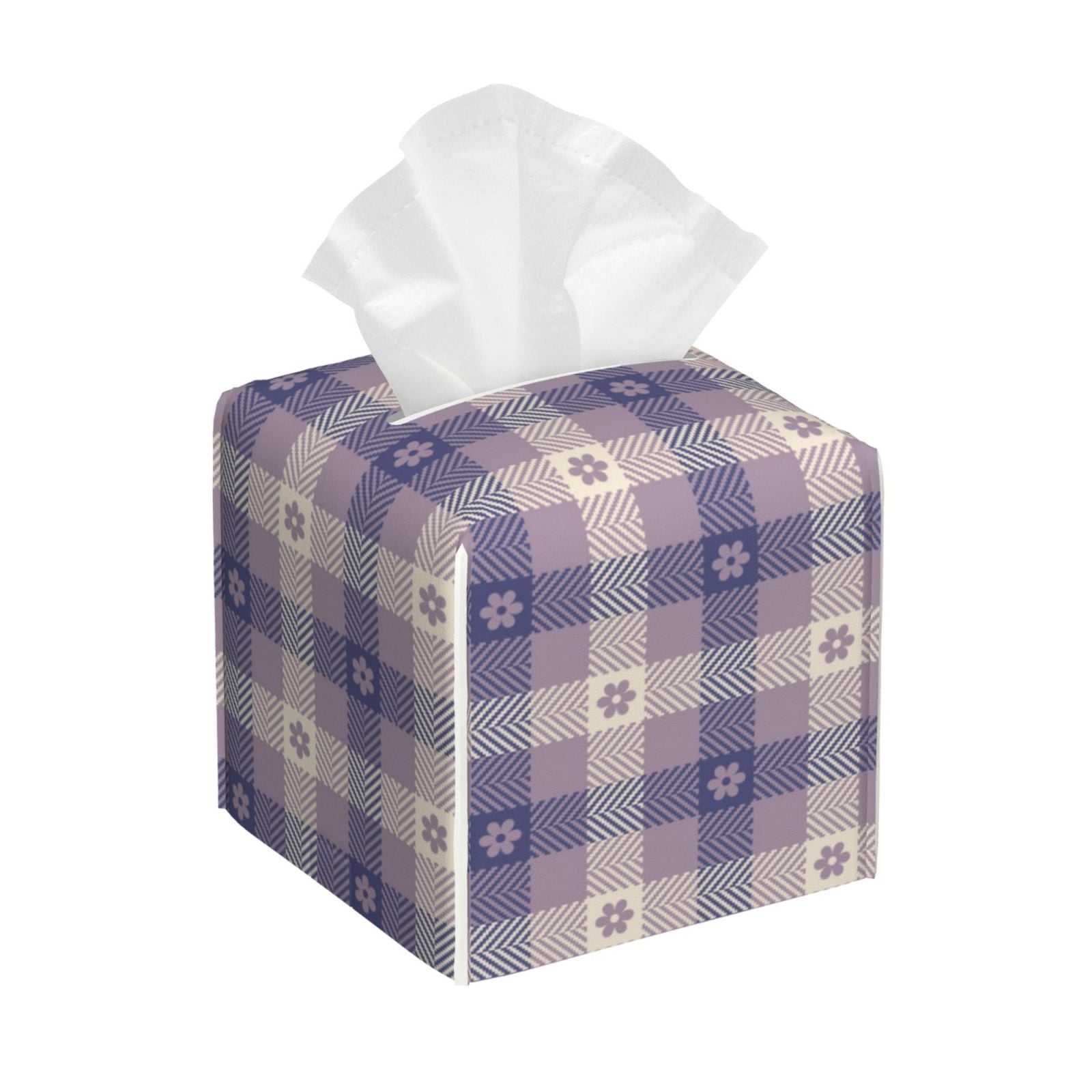 Uemuo Purple Floral Gingham Check Plaid Tissue Box Cover Holder, Square ...