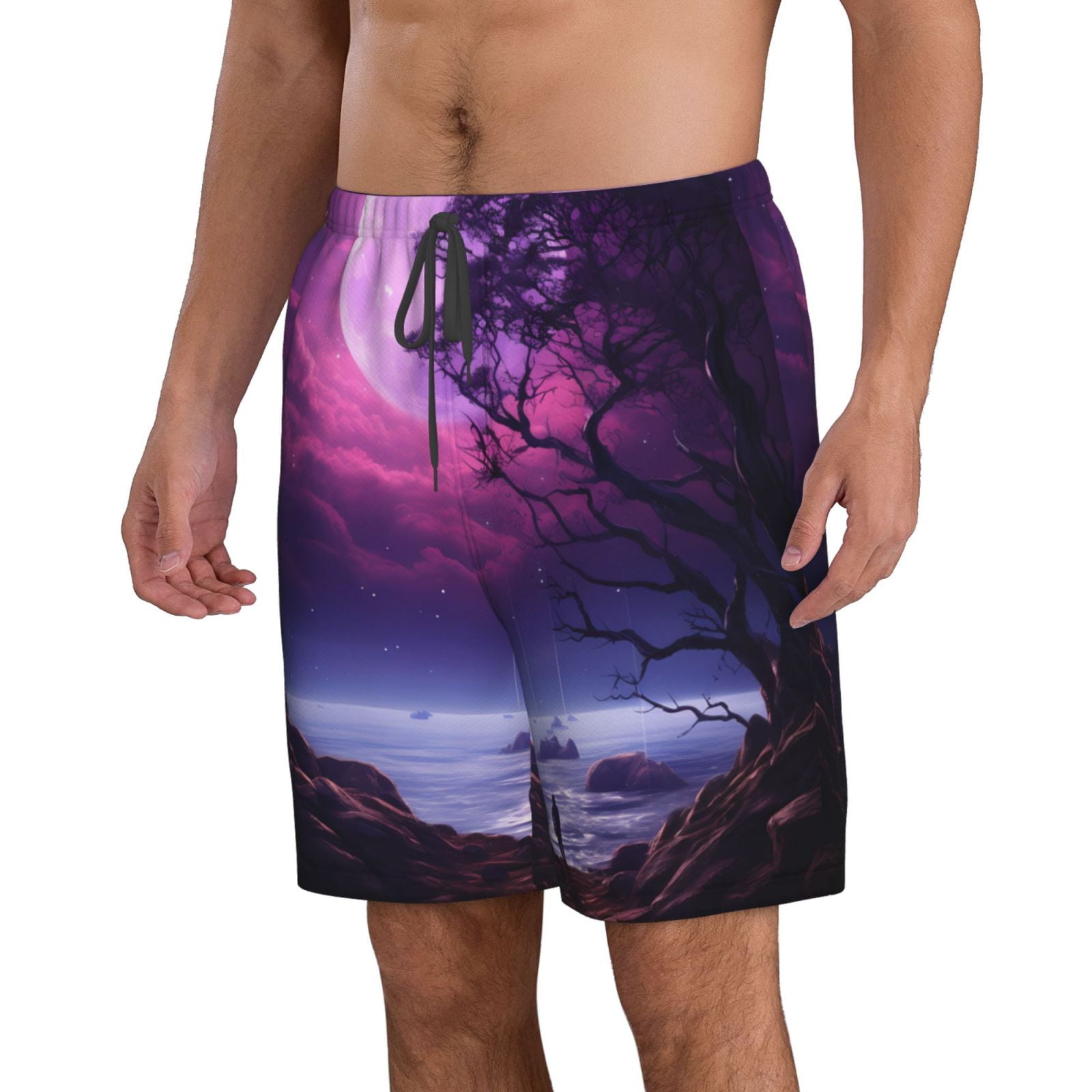 Uemuo Purple Moon Tree Night Sky Pattern Men's Swim Trunks Hawaiian ...