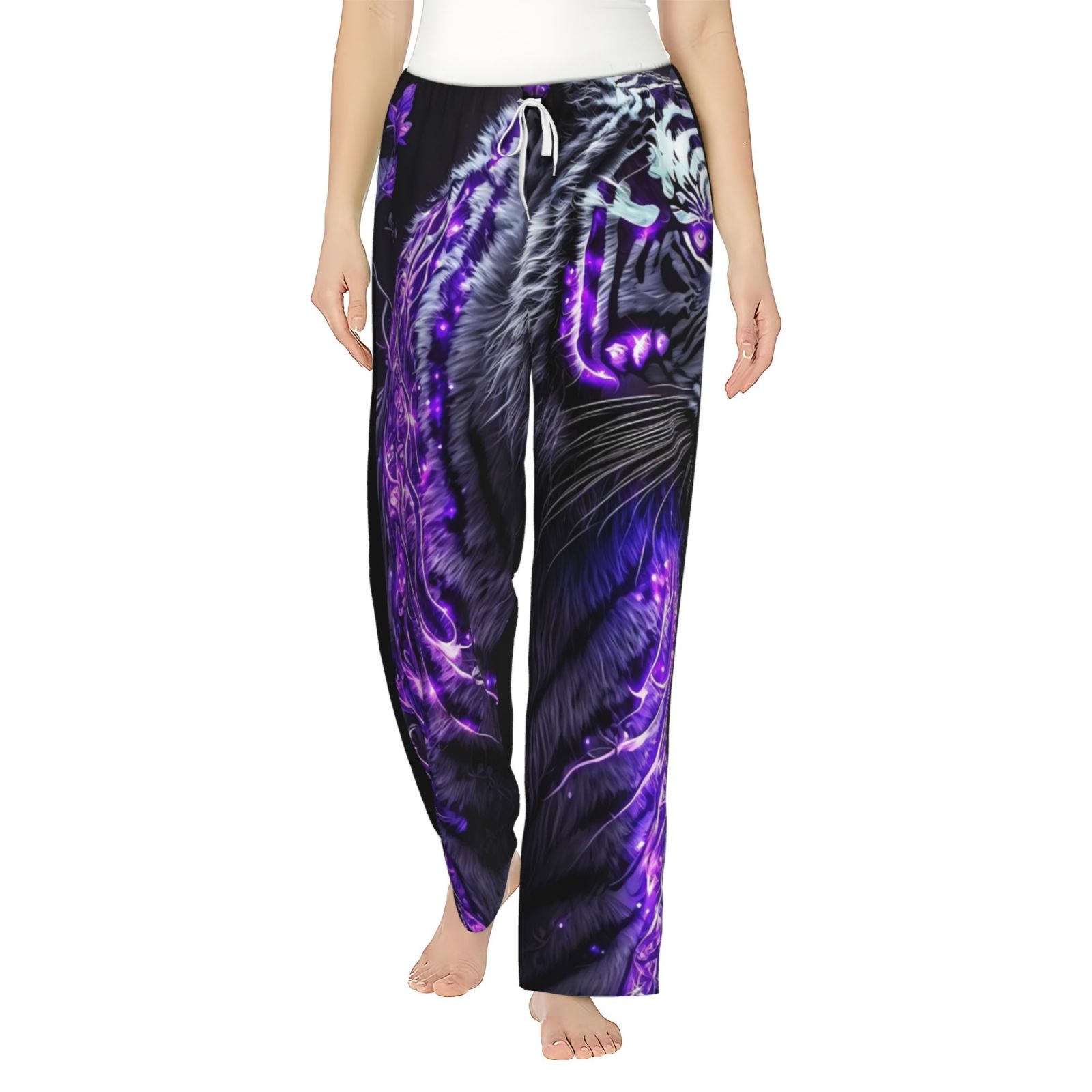 Uemuo Purple Plant White Tiger Pattern Women's Wide Leg Palazzo Lounge ...