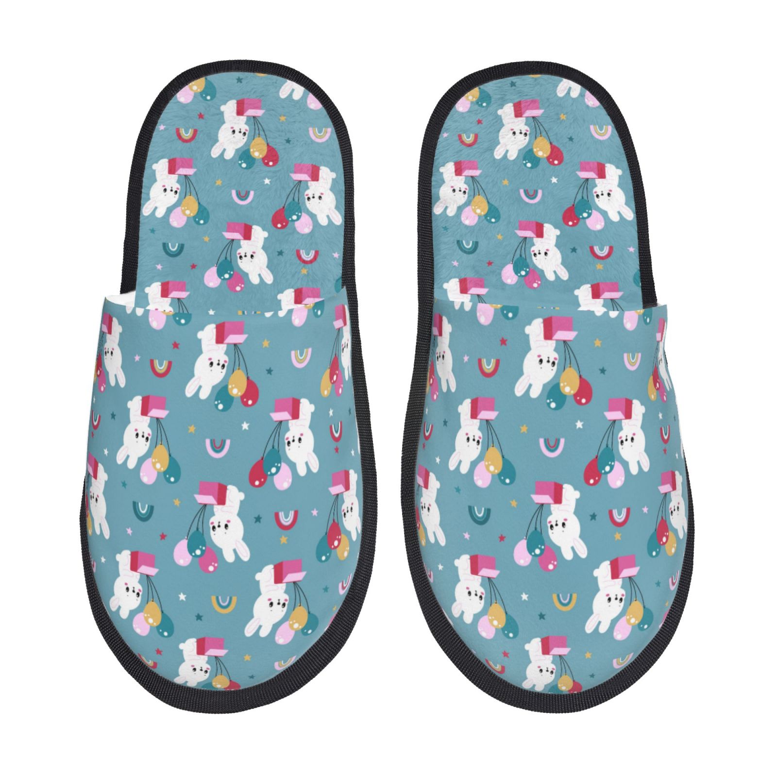 Uemuo Rabbit And Rainbow Printe Plush Furry Slippers with EVA Sole for ...