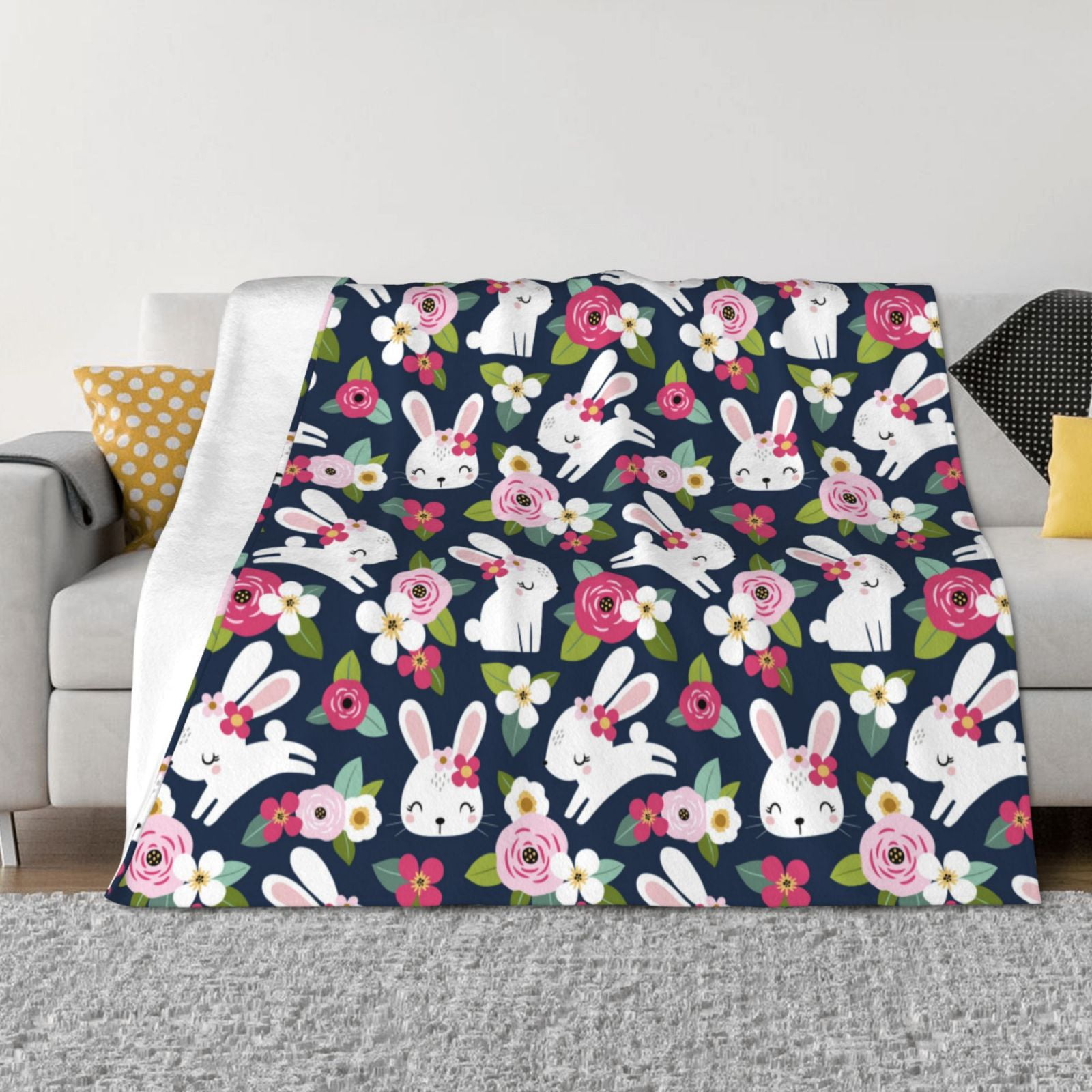 Uemuo Rabbit And Rose Printed Throw Blanket for Couch, Fluffy Fuzzy ...
