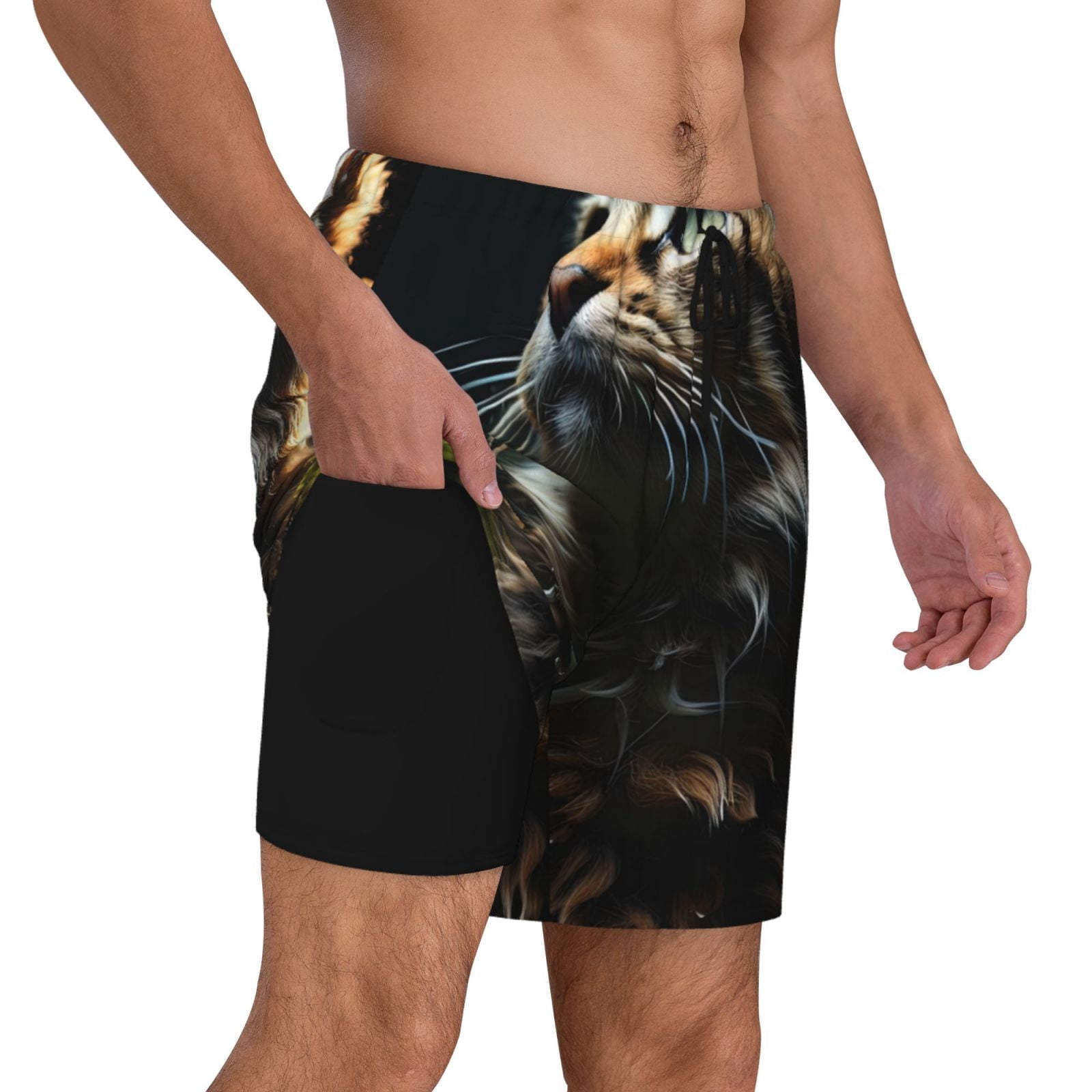 Uemuo Realistic Style Cute Cat Pattern Mens Swim Trunks Quick Dry Board ...