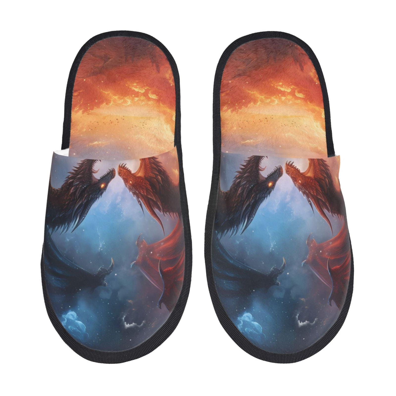 Uemuo Red And Blue Fire Cloud Dragon Printe Plush Furry Slippers with ...