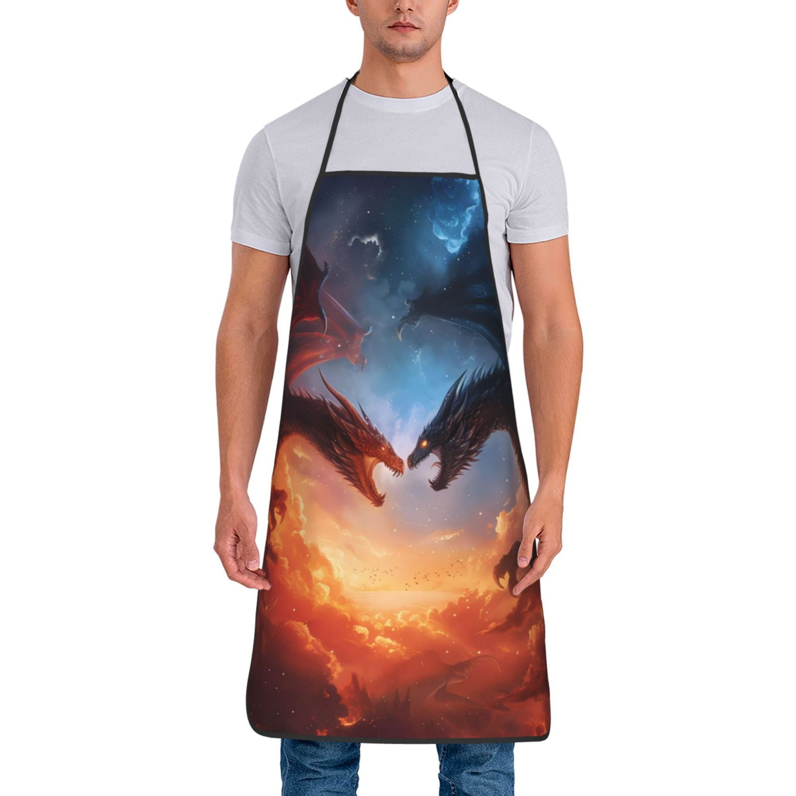 Uemuo Red And Blue Fire Cloud Dragon Printed Bib Apron, Adjustable ...