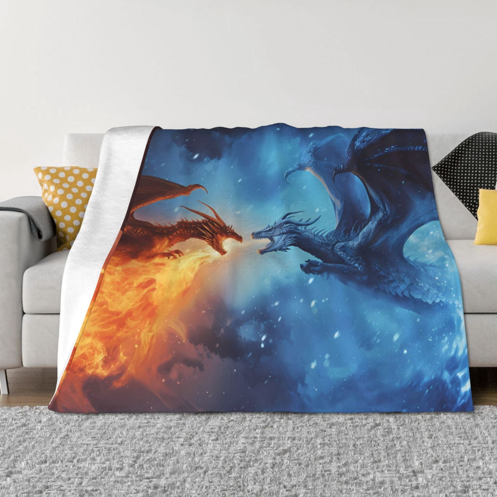 Uemuo Red And Blue Fire Dragon A Printed Throw Blanket for Couch ...