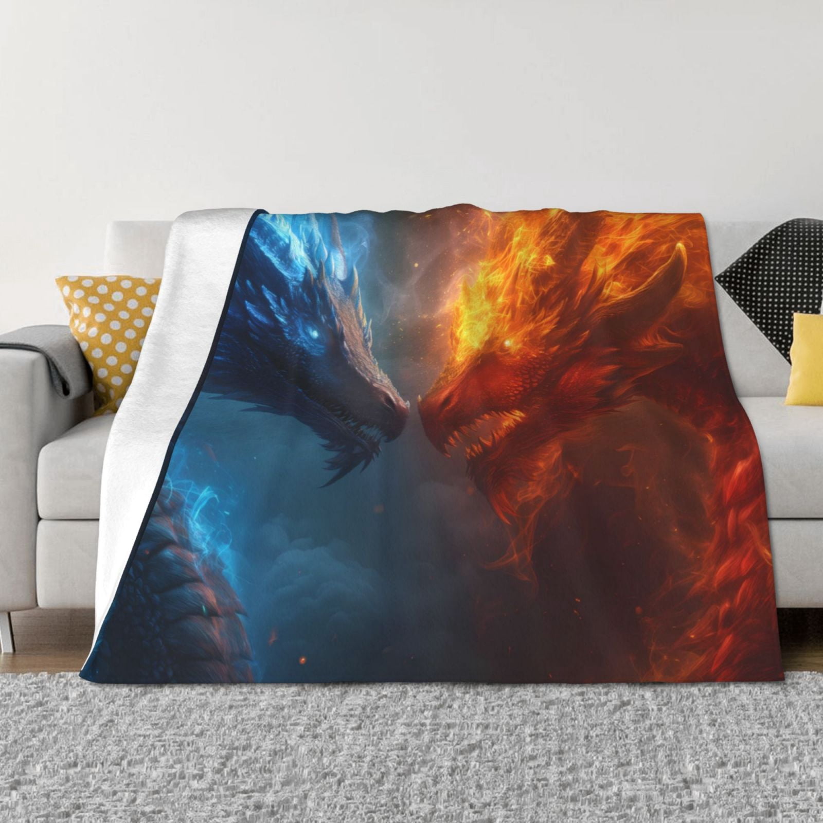 Uemuo Red And Blue Fire Dragon E Printed Throw Blanket for Couch ...