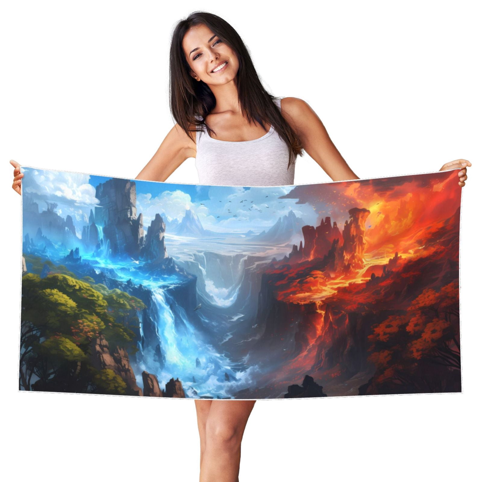 Uemuo Red And Blue Fire Mountains Print Beach Towel for Women, Silver ...