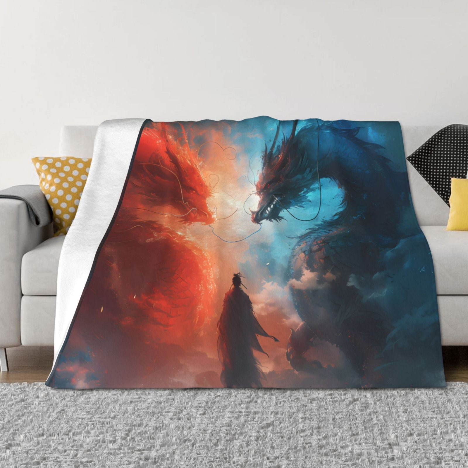 Uemuo Red And Blue Sky Dragon Printed Throw Blanket for Couch, Fluffy ...