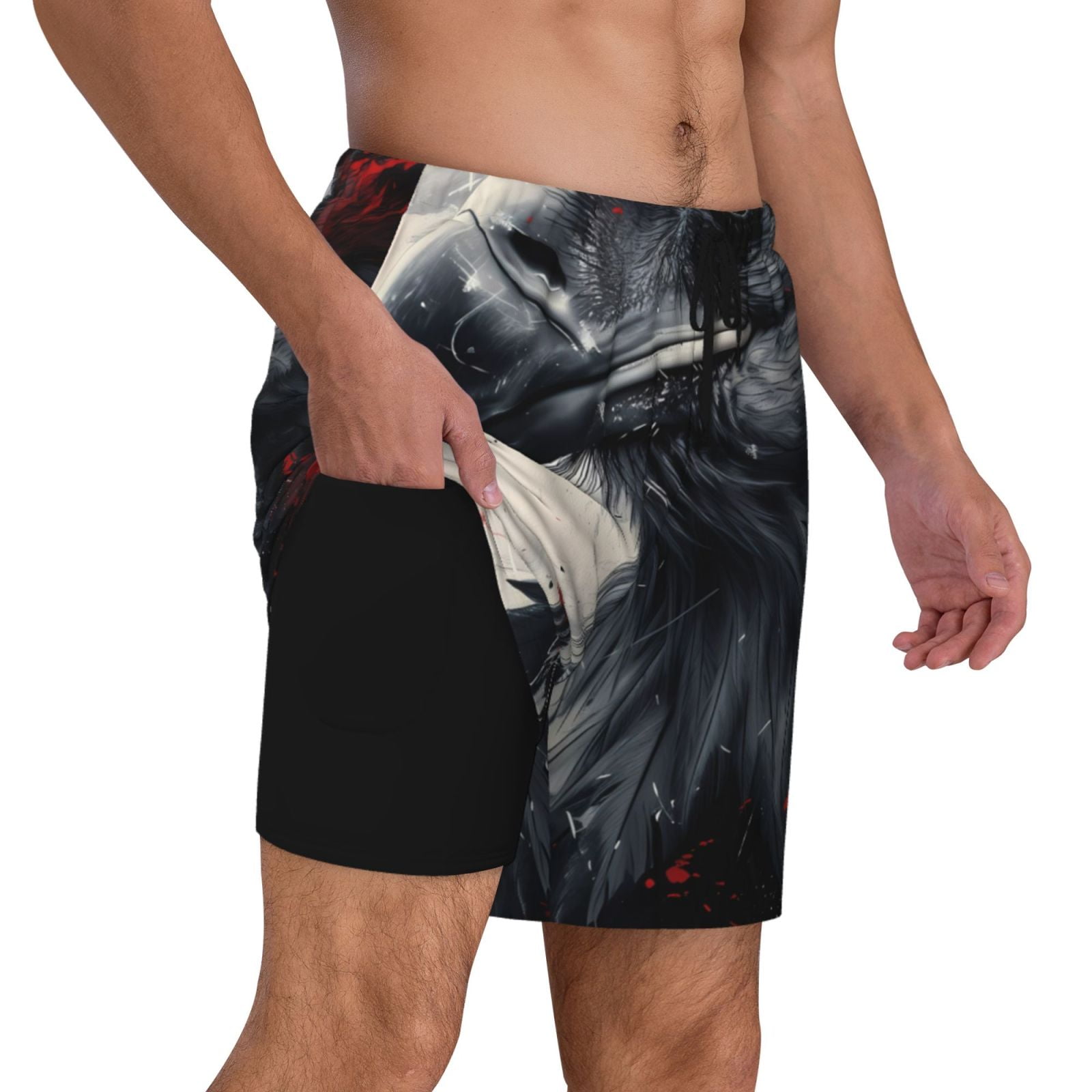 Uemuo Red Black Ink Style Bald Eagle Pattern Mens Swim Trunks Quick Dry ...