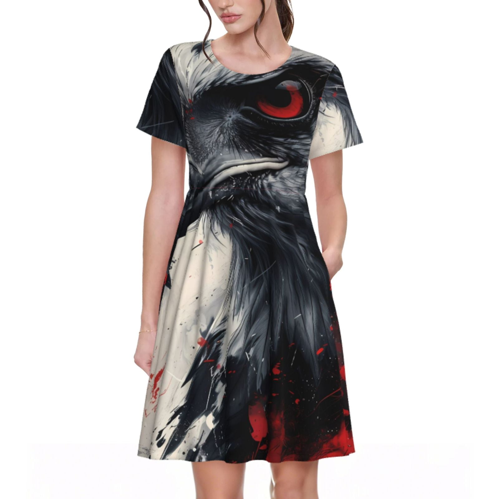 Uemuo Red Black Ink Style Bald Eagle Print Womens Summer Dress Casual ...