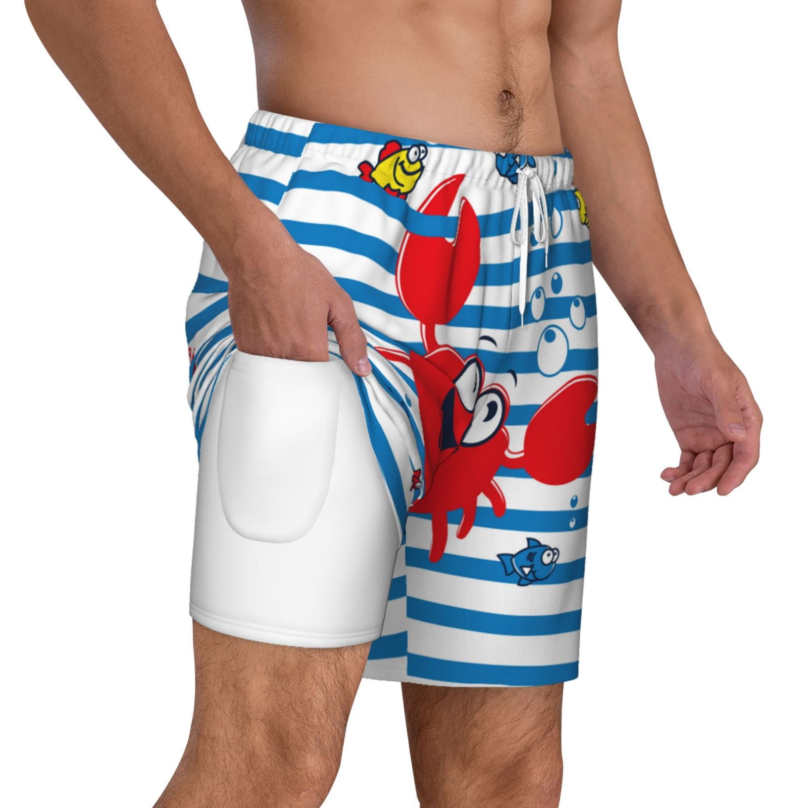 Uemuo Red Funny Crab on Blue Stripe Pattern Mens Swim Trunks Quick Dry ...