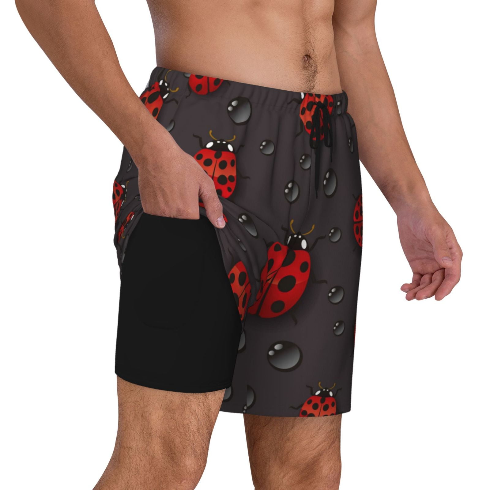 Uemuo Red Ladybugs Pattern Mens Swim Trunks Quick Dry Board Shorts With