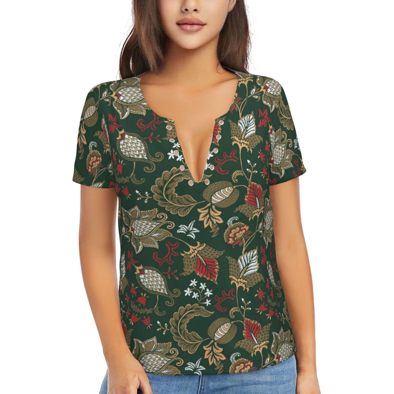 Uemuo Red Leaves Drawing Women's Deep V-Neck Low Cut Tops - Casual ...