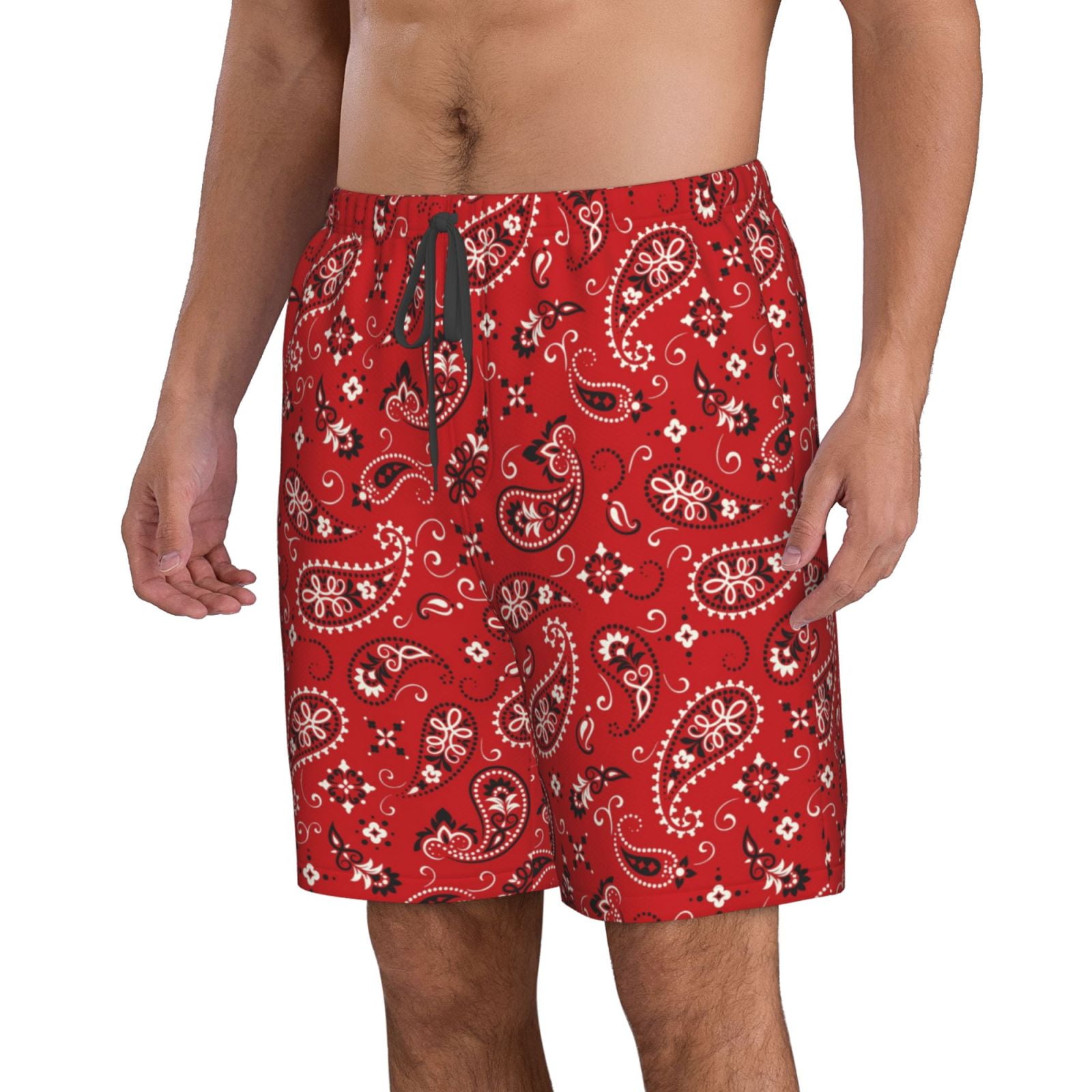 Uemuo Red Paisley Floral Pattern Men's Swim Trunks Hawaiian Beach ...