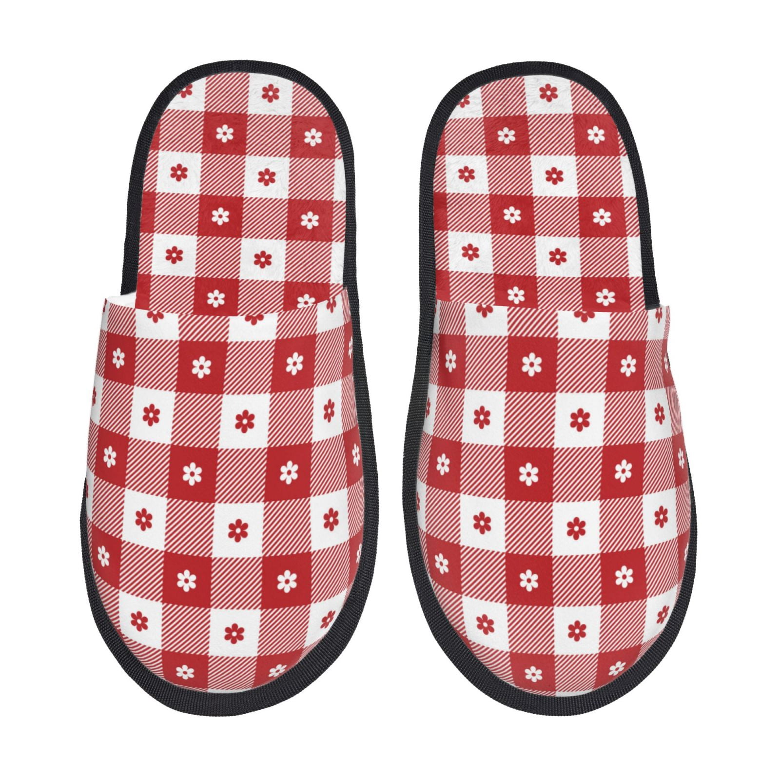 Uemuo Red Plaid Daisy Printe Plush Furry Slippers with EVA Sole for Men ...