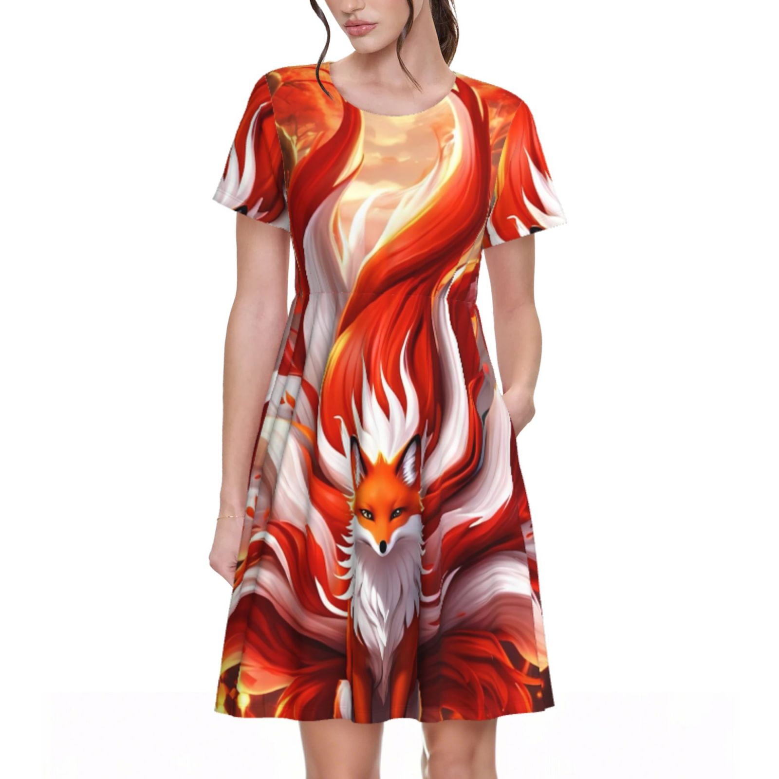 Uemuo Red Sun Flame Fox Print Womens Summer Dress Casual Swing Short ...
