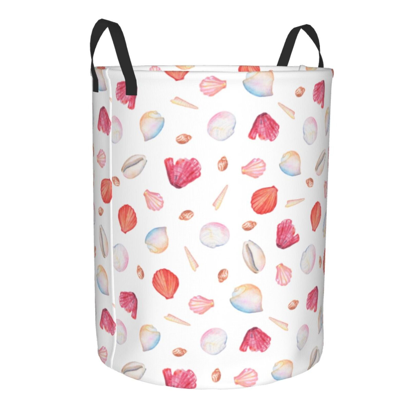 Uemuo Red coral and scallop seashell Pattern Circular Laundry Hamper ...