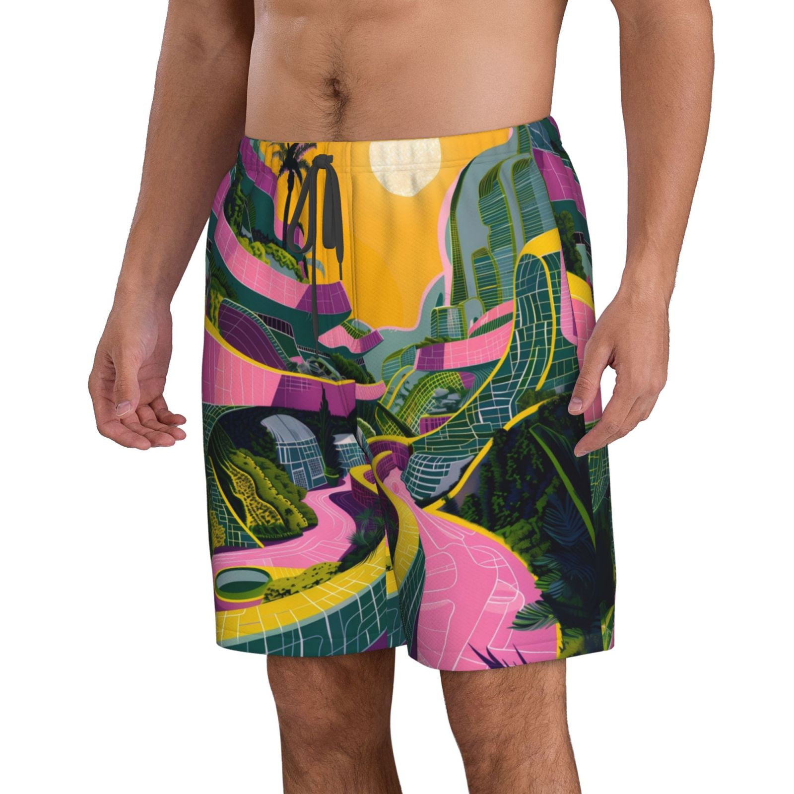 Uemuo Retro Futuristic Landscape Pattern Men's Swim Trunks Hawaiian ...