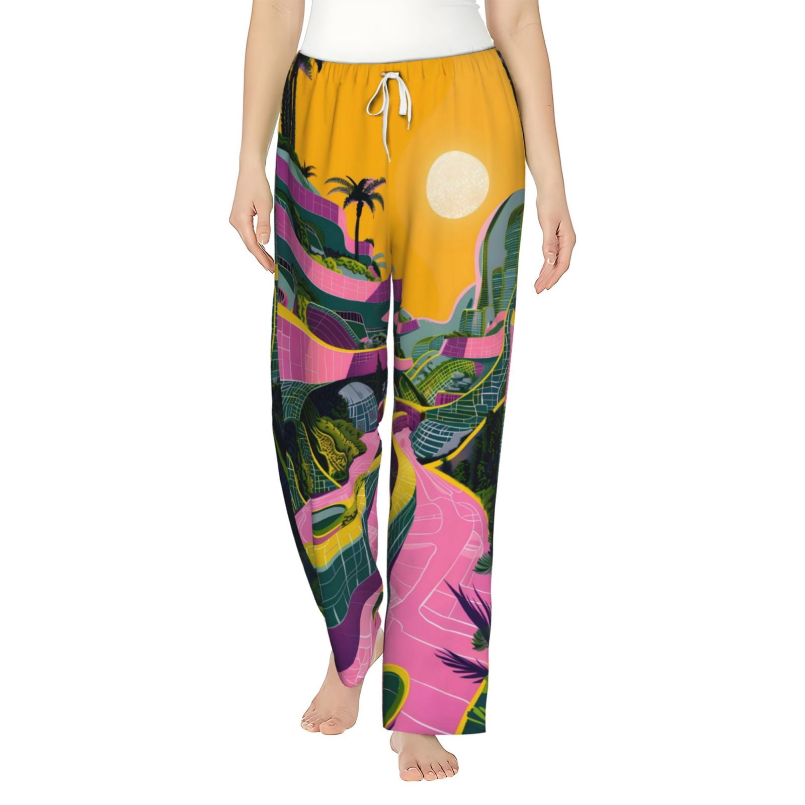 Uemuo Retro Futuristic Landscape Pattern Women's Wide Leg Palazzo ...