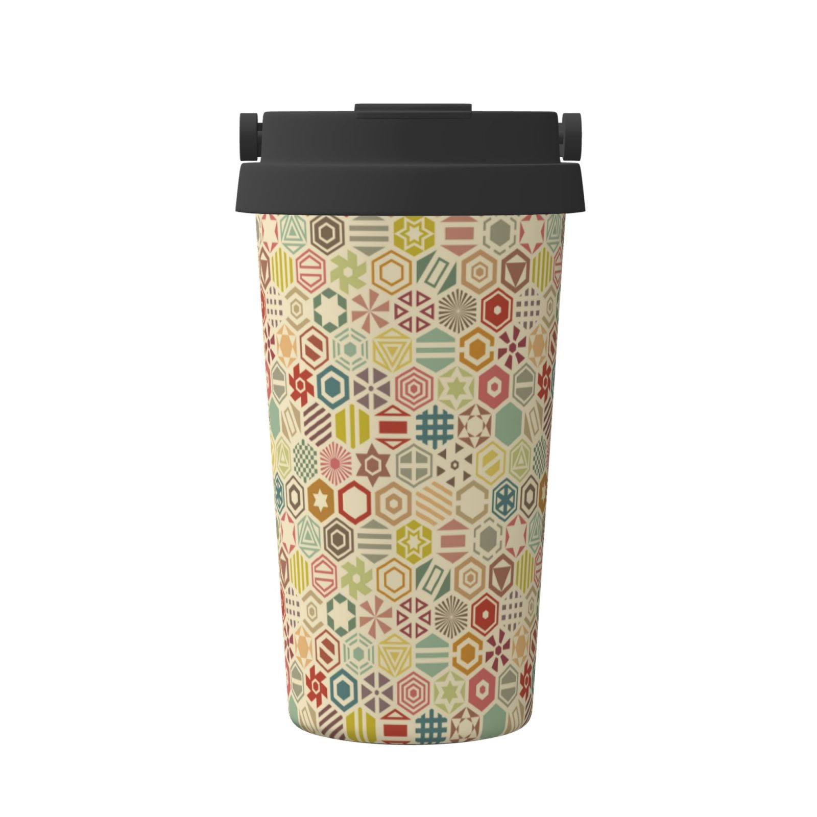 Uemuo Retro Geometry Print Carry Insulated Coffee Mug, Travel Mug with ...