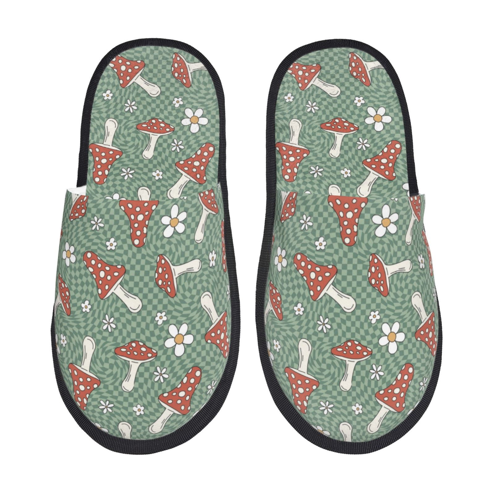 Uemuo Retro Hippie Groovy Mushroom Printe Plush Furry Slippers with EVA ...