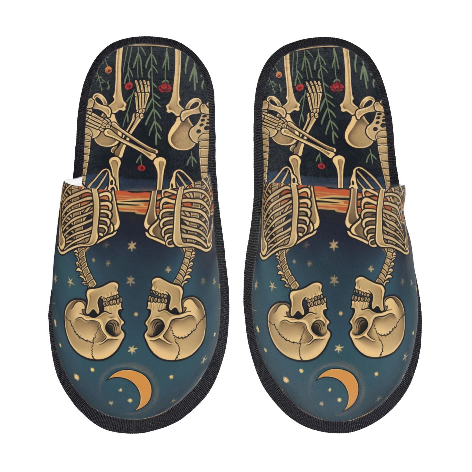 Uemuo Romantic Skeletons Under Moon Printe Plush Furry Slippers with ...