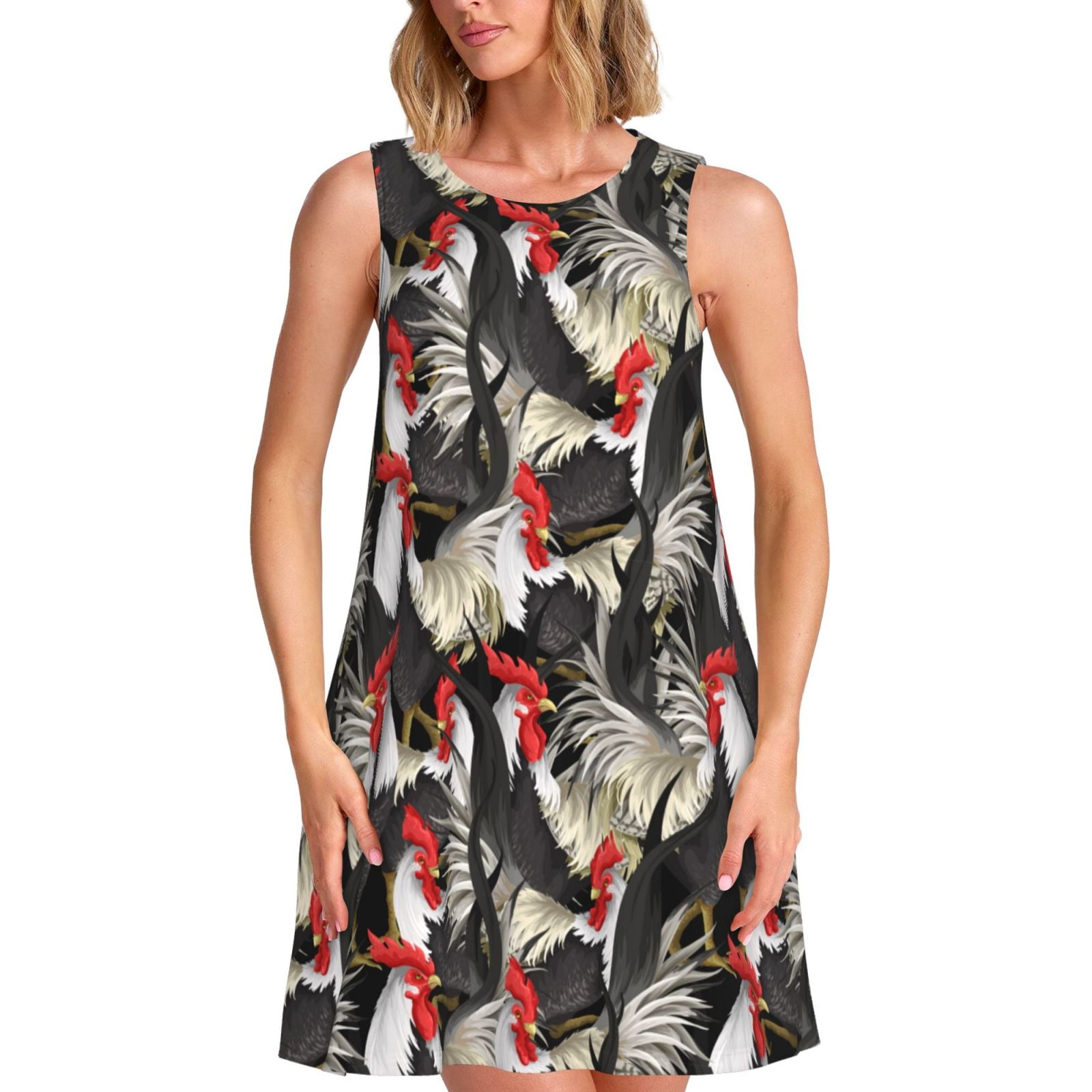 Uemuo Roosters 2 Pattern Women’s Sleeveless Dress – Casual Summer A ...