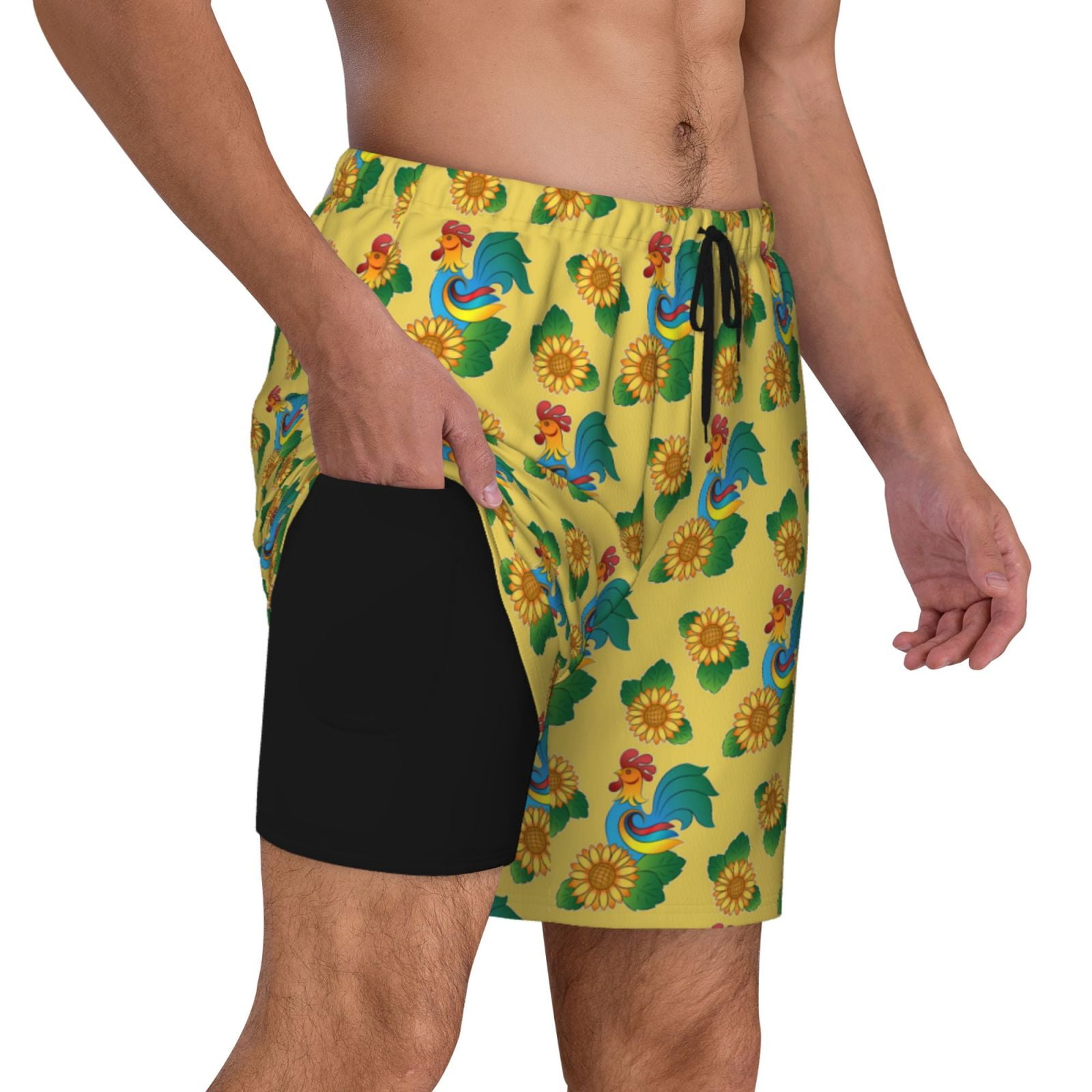 Uemuo Roosters And Sunflowers Pattern Mens Swim Trunks Quick Dry Board ...