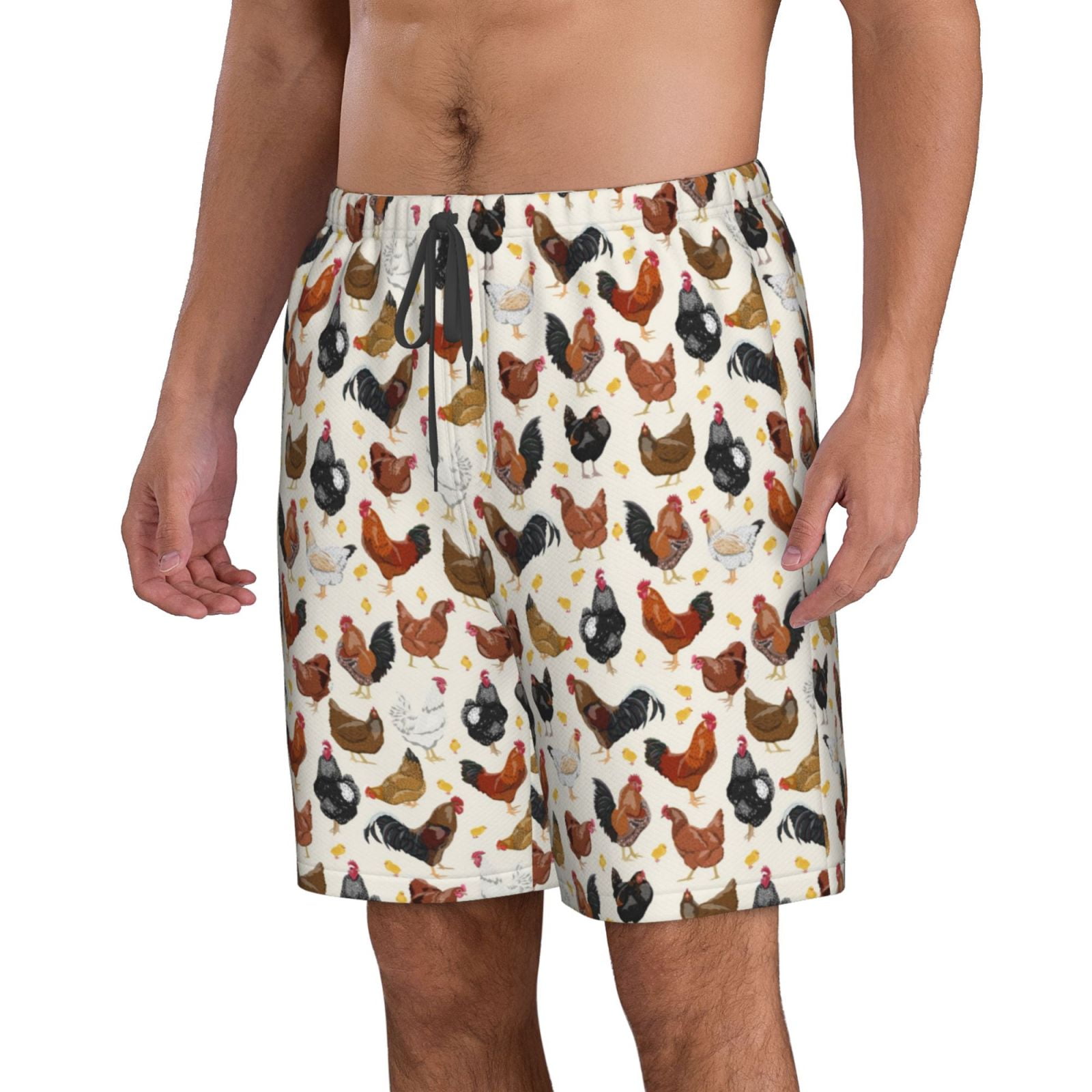 Uemuo Roosters and Chickens Pattern Men's Swim Trunks Hawaiian Beach ...