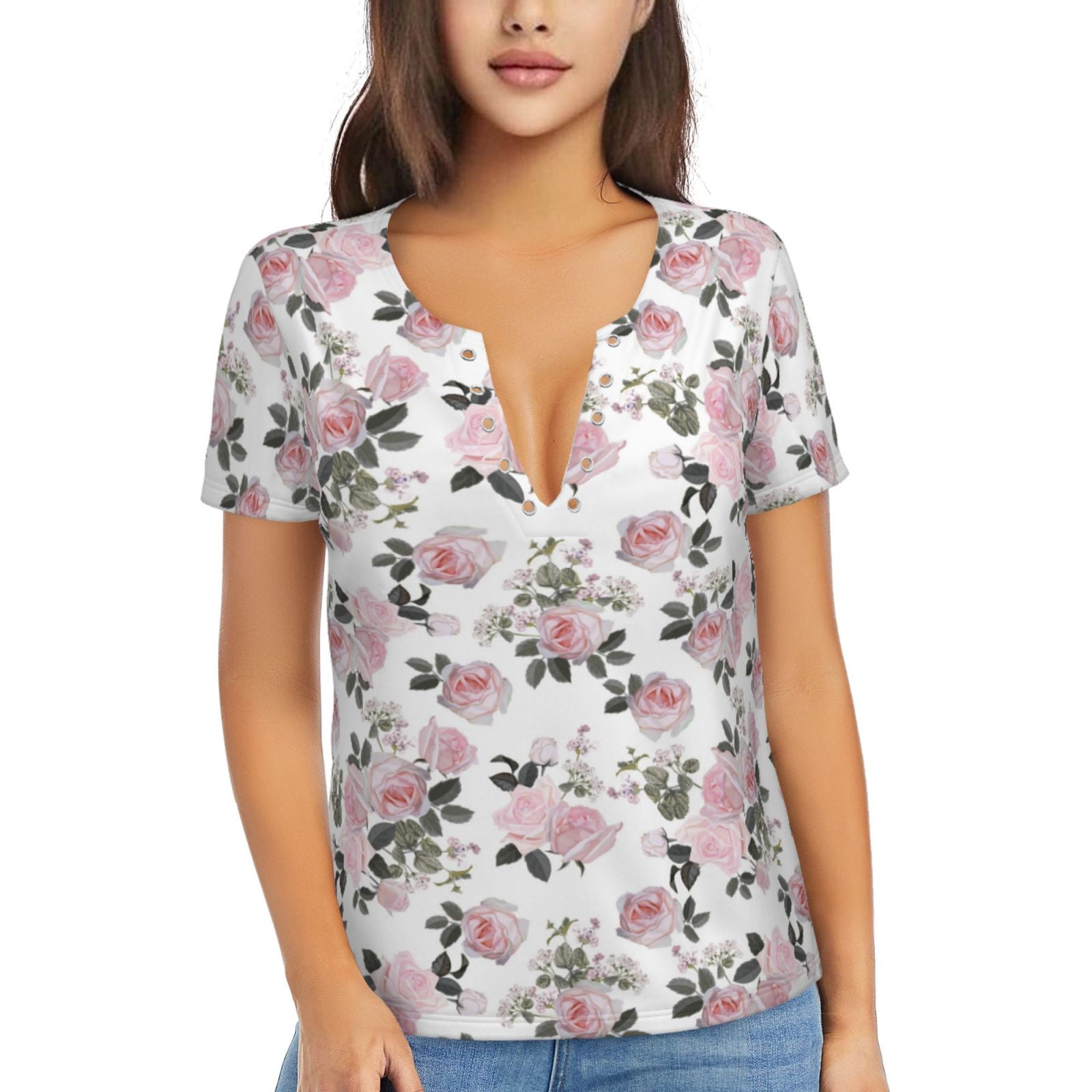 Uemuo Rose Flowers Drawing Women's Deep V-Neck Low Cut Tops - Casual ...