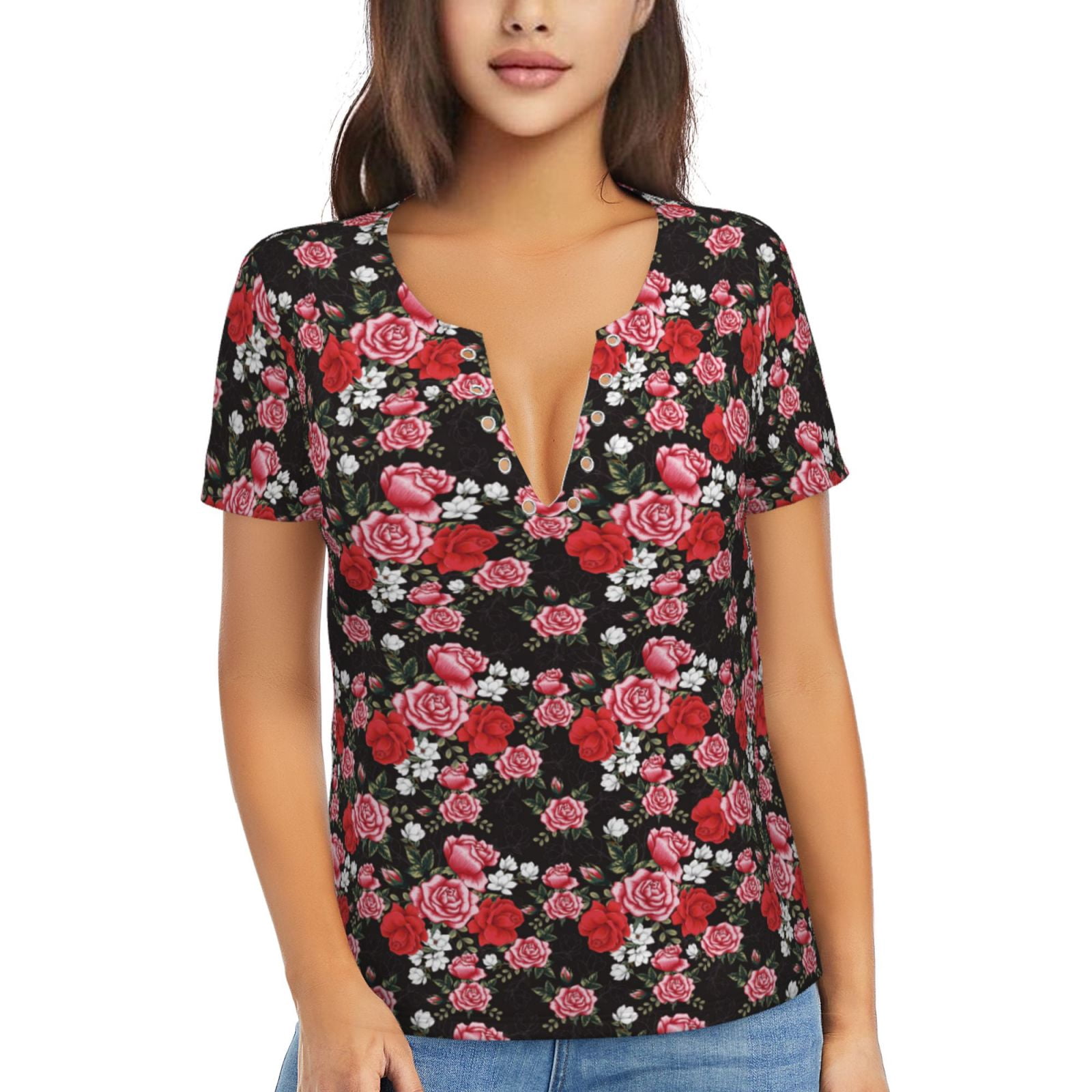 Uemuo Rose Flowers Drawing Women's Deep V-Neck Low Cut Tops - Casual ...