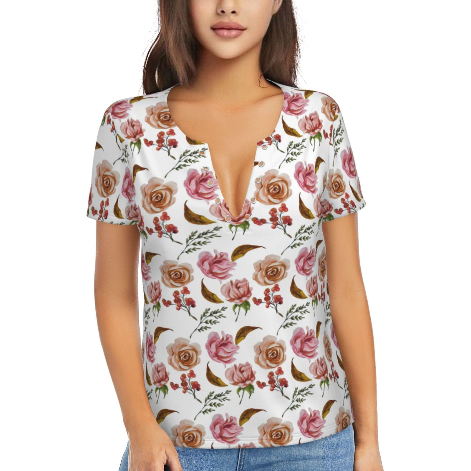 Uemuo Rose Flowers Drawing Women's Deep V-Neck Low Cut Tops - Casual ...