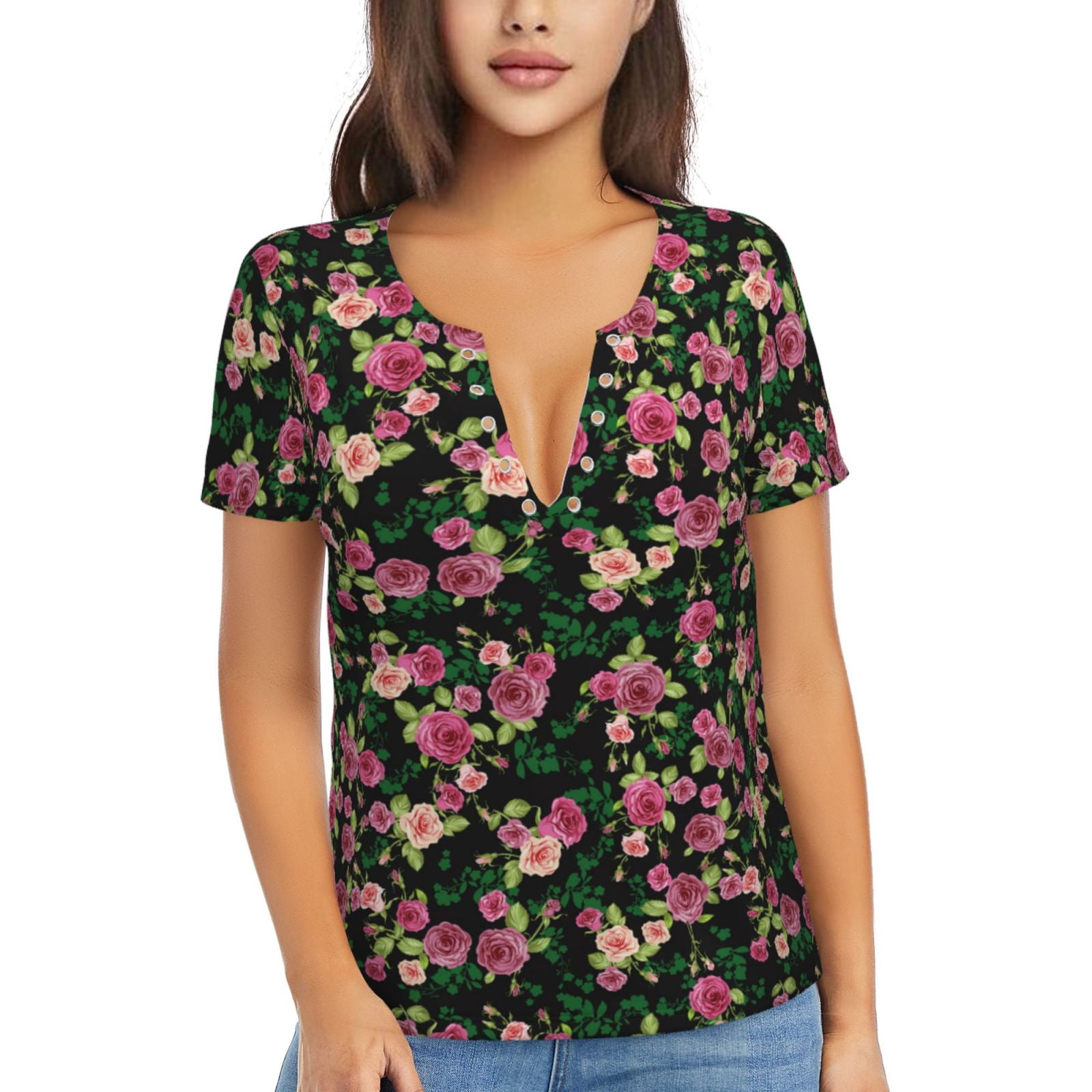 Uemuo Rose Flowers Drawing Women's Deep V-Neck Low Cut Tops - Casual ...