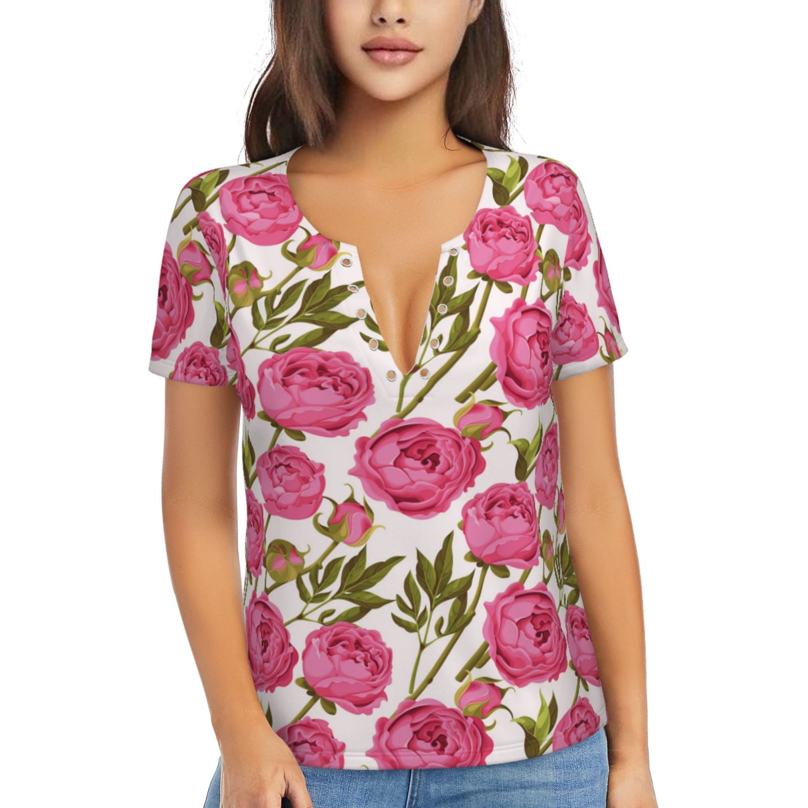 Uemuo Rose Flowers Drawing Women's Deep V-Neck Low Cut Tops - Casual ...