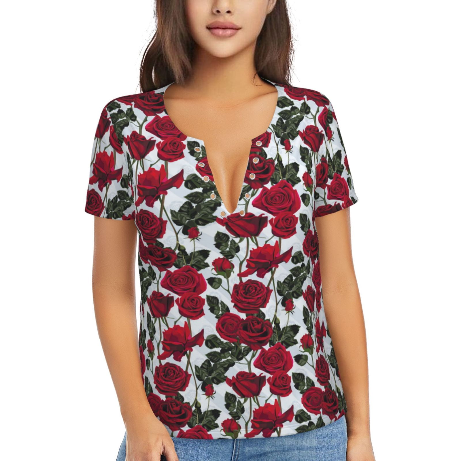 Uemuo Rose Flowers Drawing Women's Deep V-Neck Low Cut Tops - Casual ...
