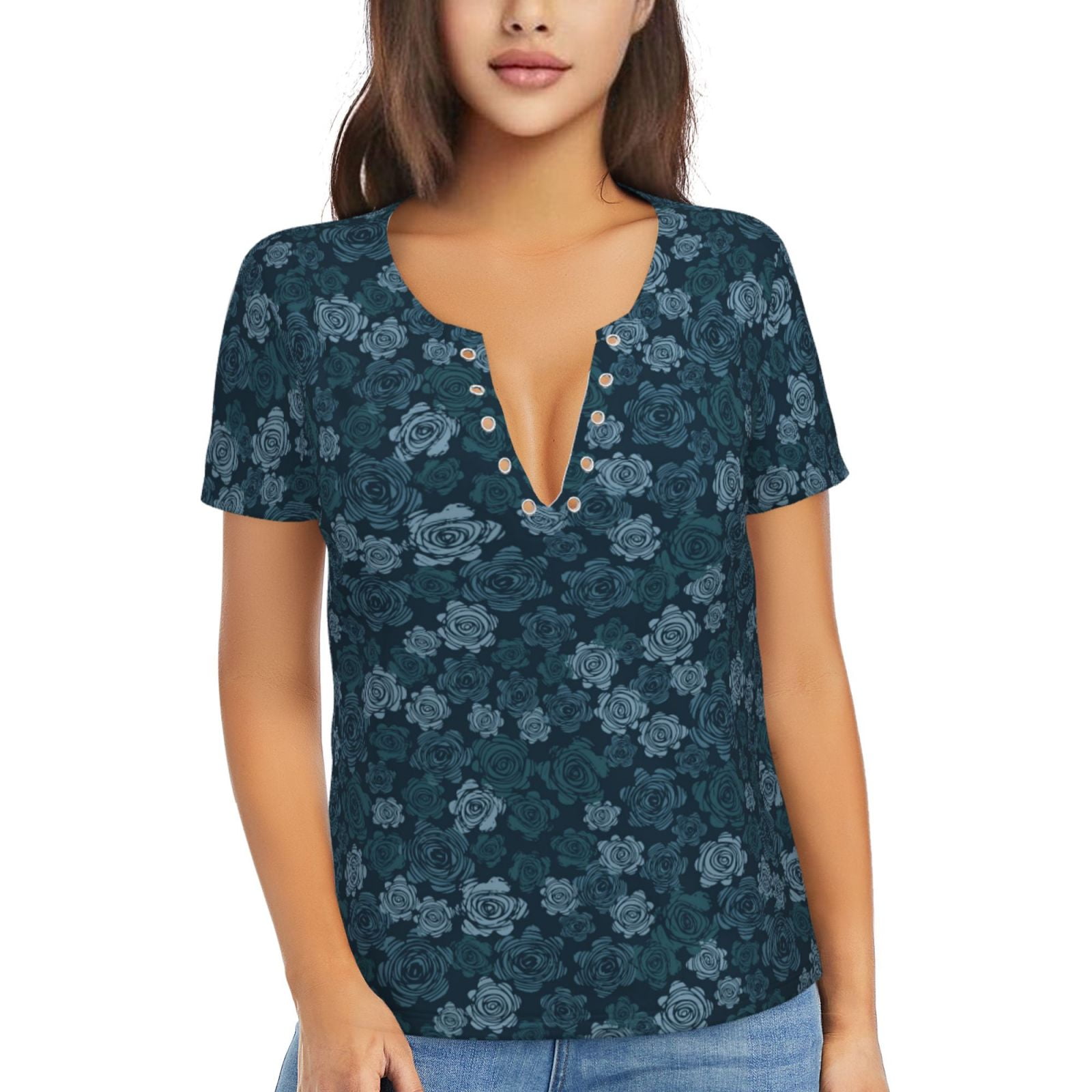 Uemuo Rose Flowers Drawing Women's Deep V-Neck Low Cut Tops - Casual ...