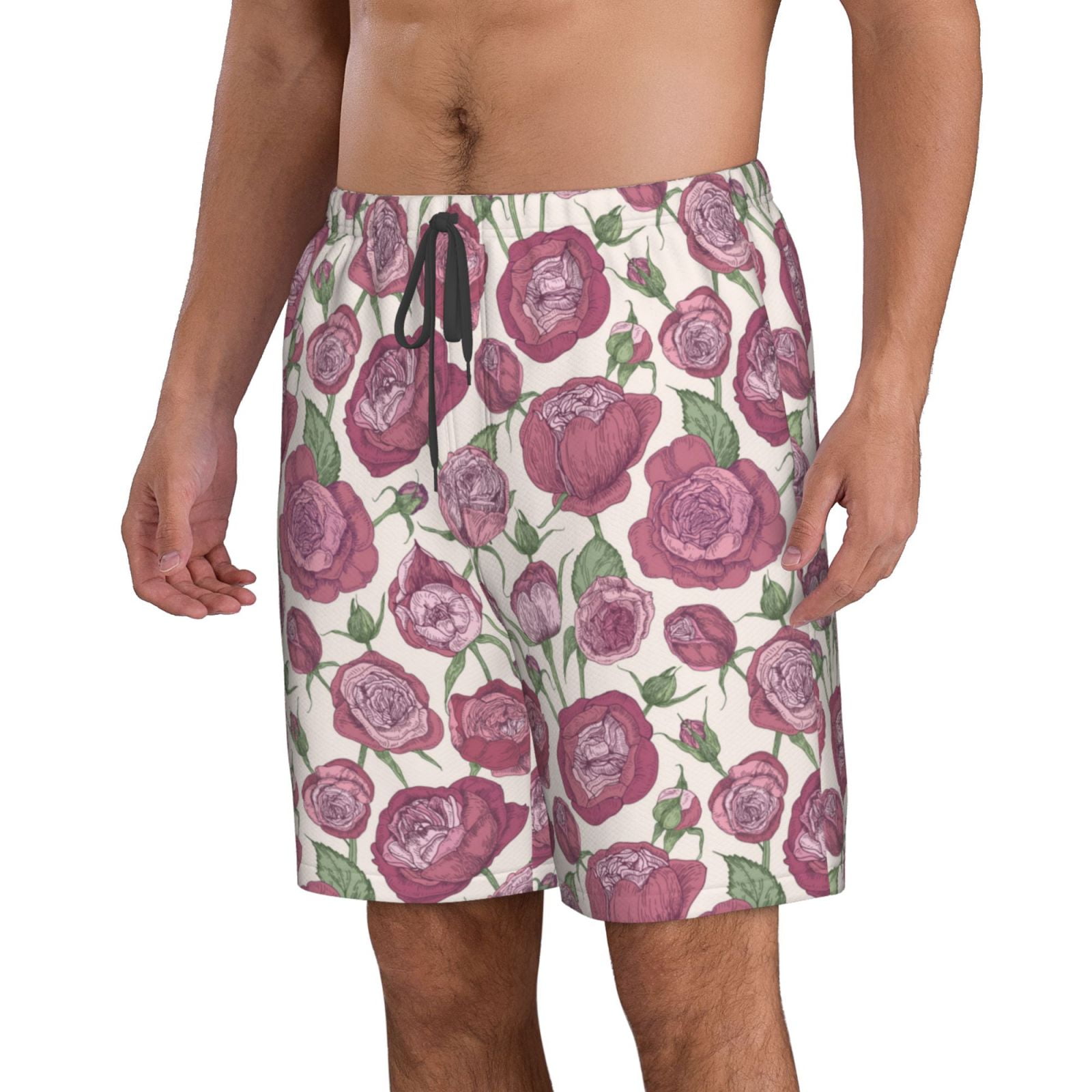Uemuo Rose Flowers Pattern Men's Swim Trunks Hawaiian Beach Bathing ...