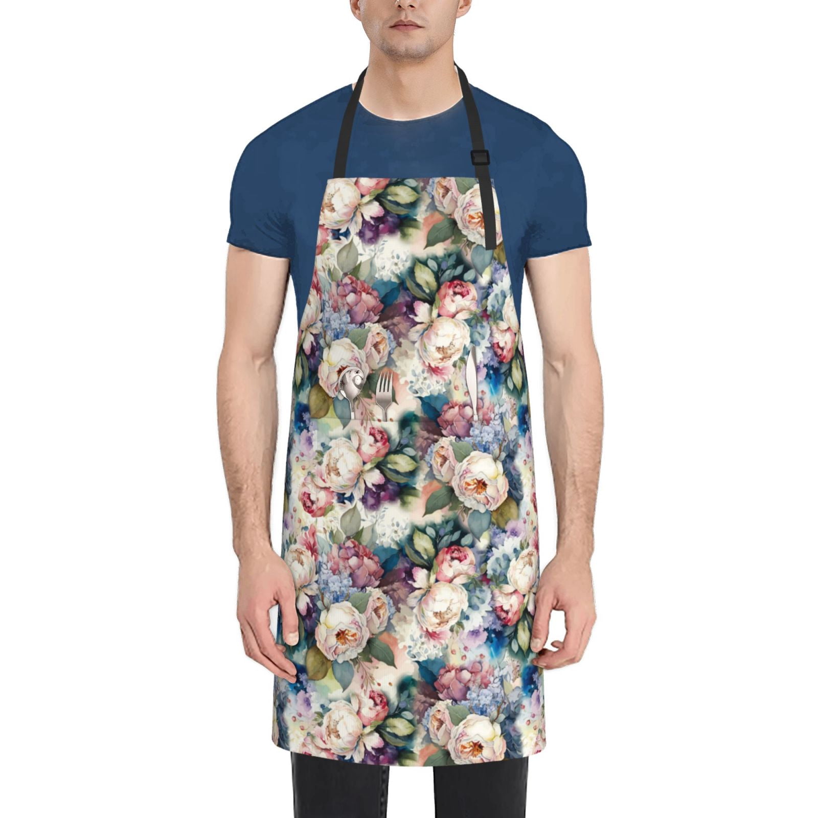 Uemuo Rose Flowers Pattern Waterproof Apron Adjustable Dishwasher Apron ...
