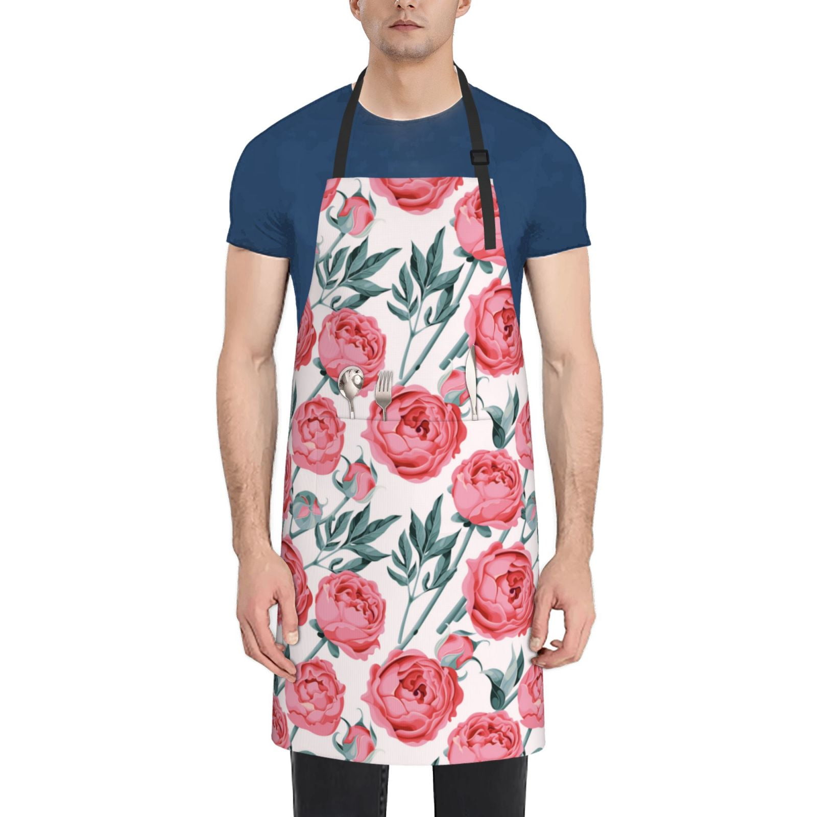Uemuo Rose Flowers Pattern Waterproof Apron Adjustable Dishwasher Apron ...