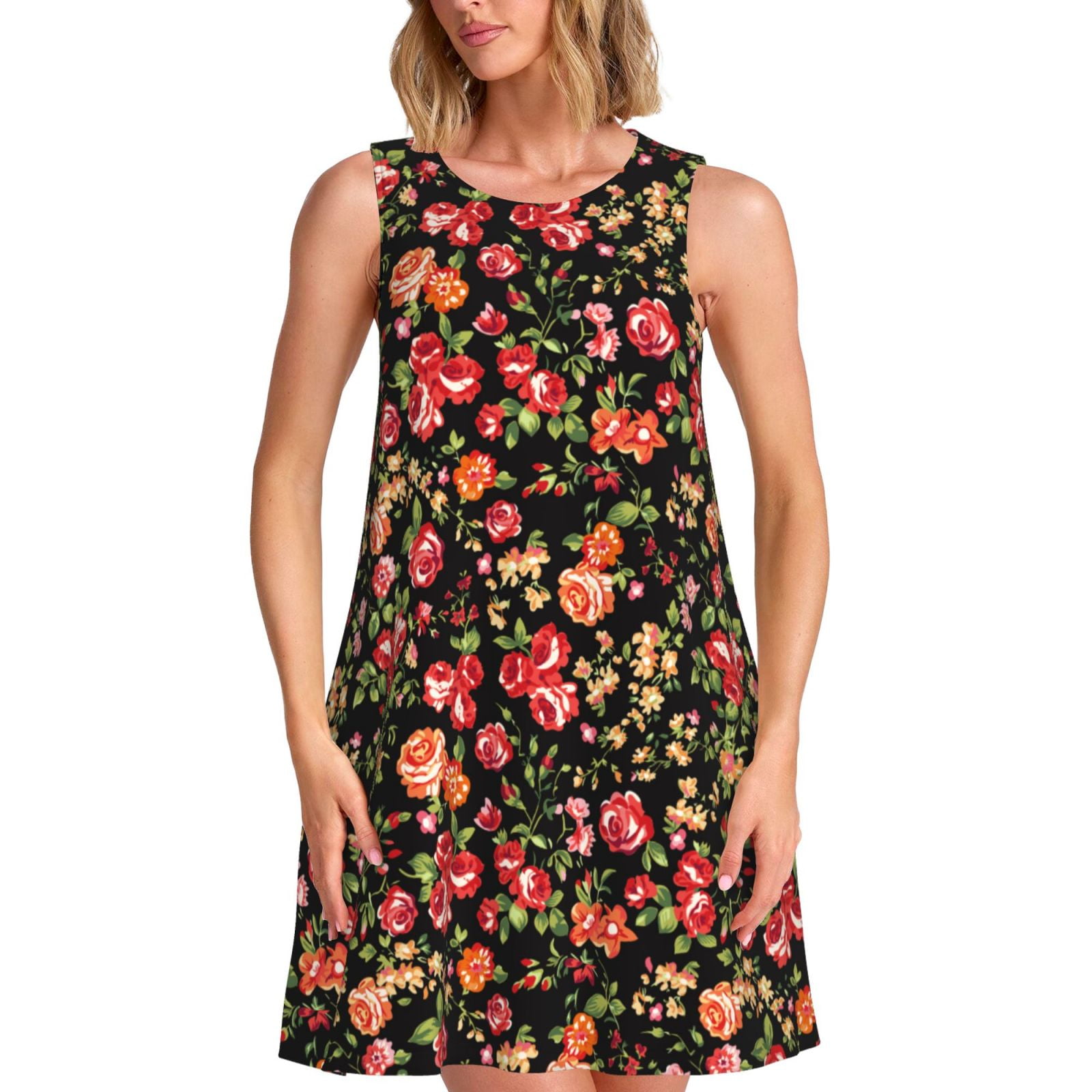 Uemuo Rose Flowers Pattern Women’s Sleeveless Dress – Casual Summer A ...