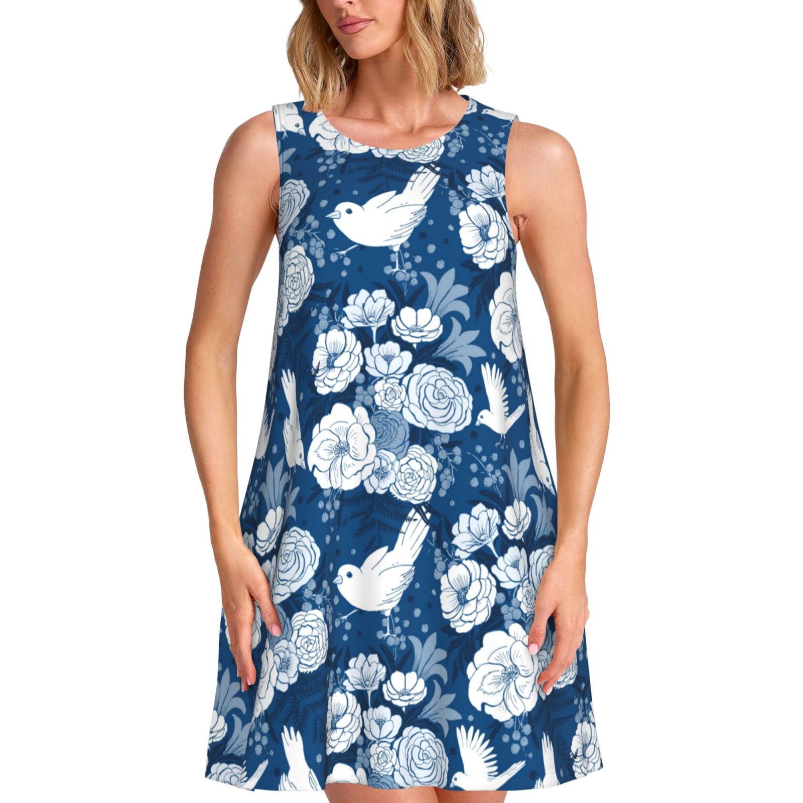 Uemuo Rose Flowers Pattern Women’s Sleeveless Dress – Casual Summer A ...