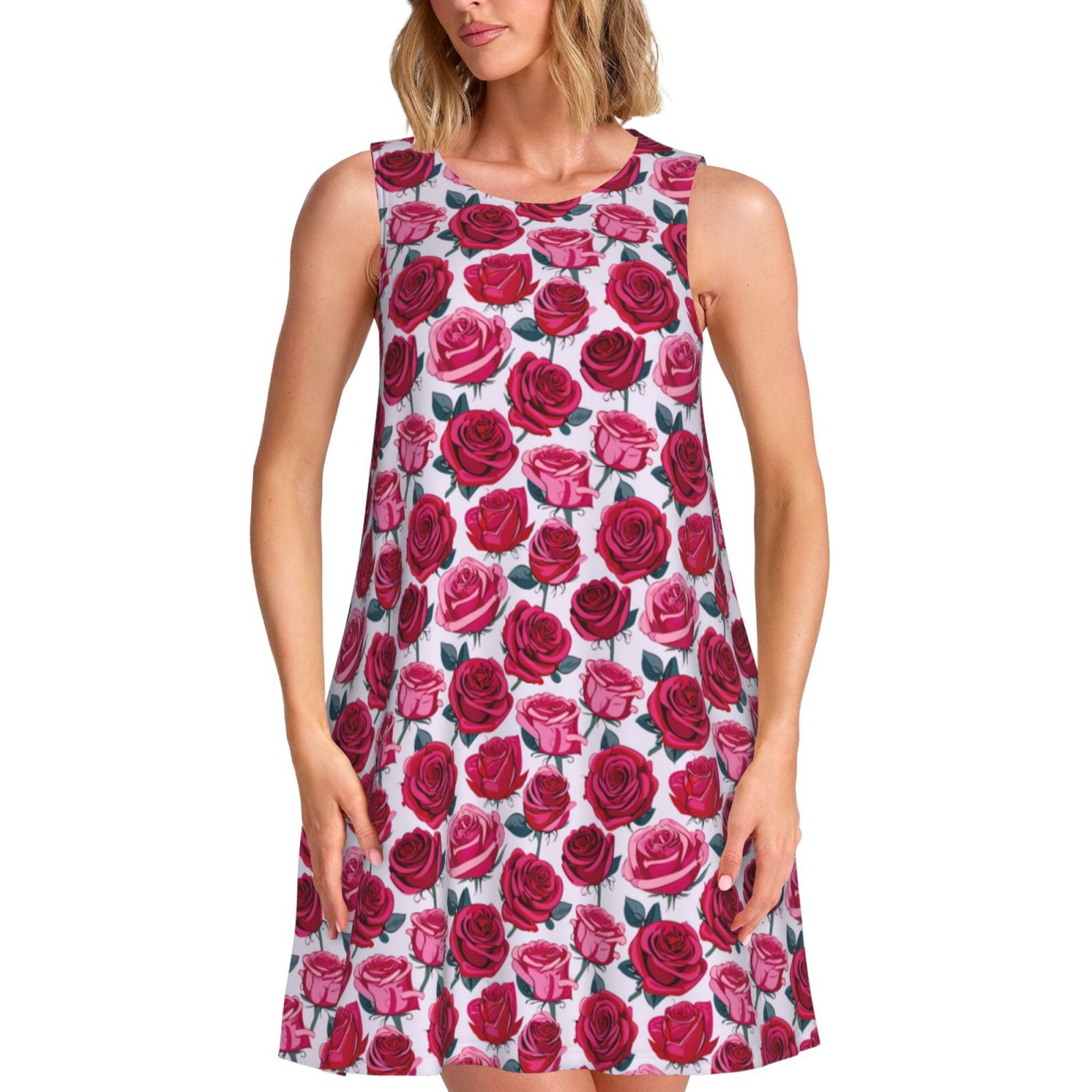 Uemuo Rose Flowers Pattern Women’s Sleeveless Dress – Casual Summer A ...