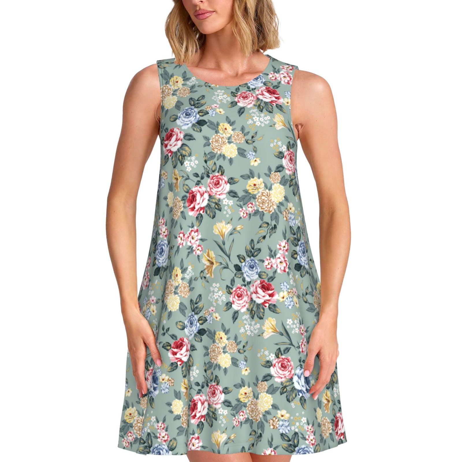 Uemuo Rose Flowers Pattern Women’s Sleeveless Dress – Casual Summer A ...