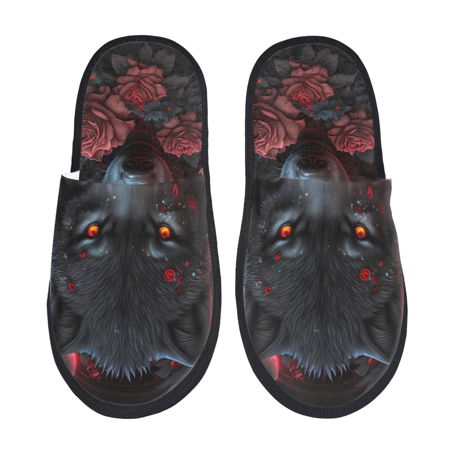 Uemuo Rose Full Moon Black Wolf Printe Plush Furry Slippers with EVA ...