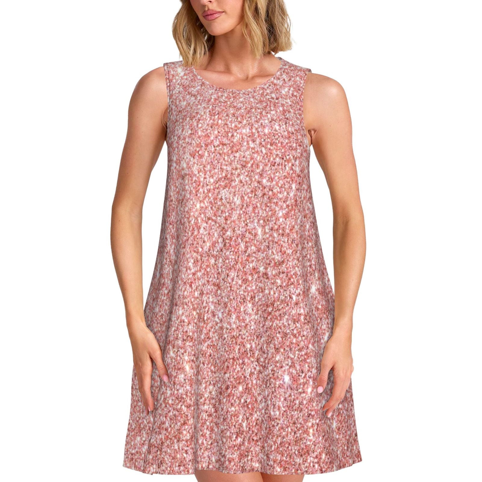 Uemuo Rose Gold Glitter Pattern Women’s Sleeveless Dress – Casual ...