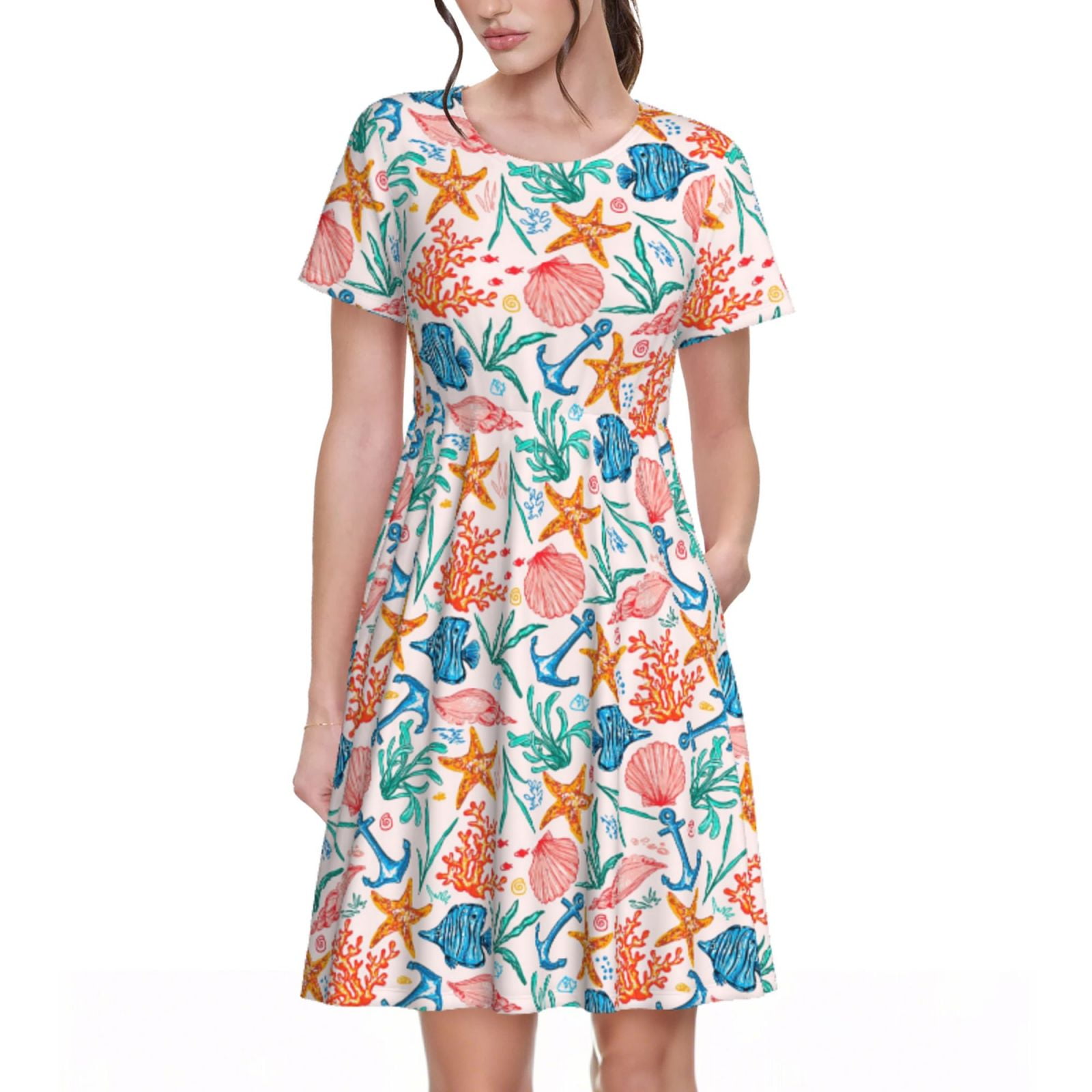 Uemuo Sea Creatures Print Womens Summer Dress Casual Swing Short Sleeve ...